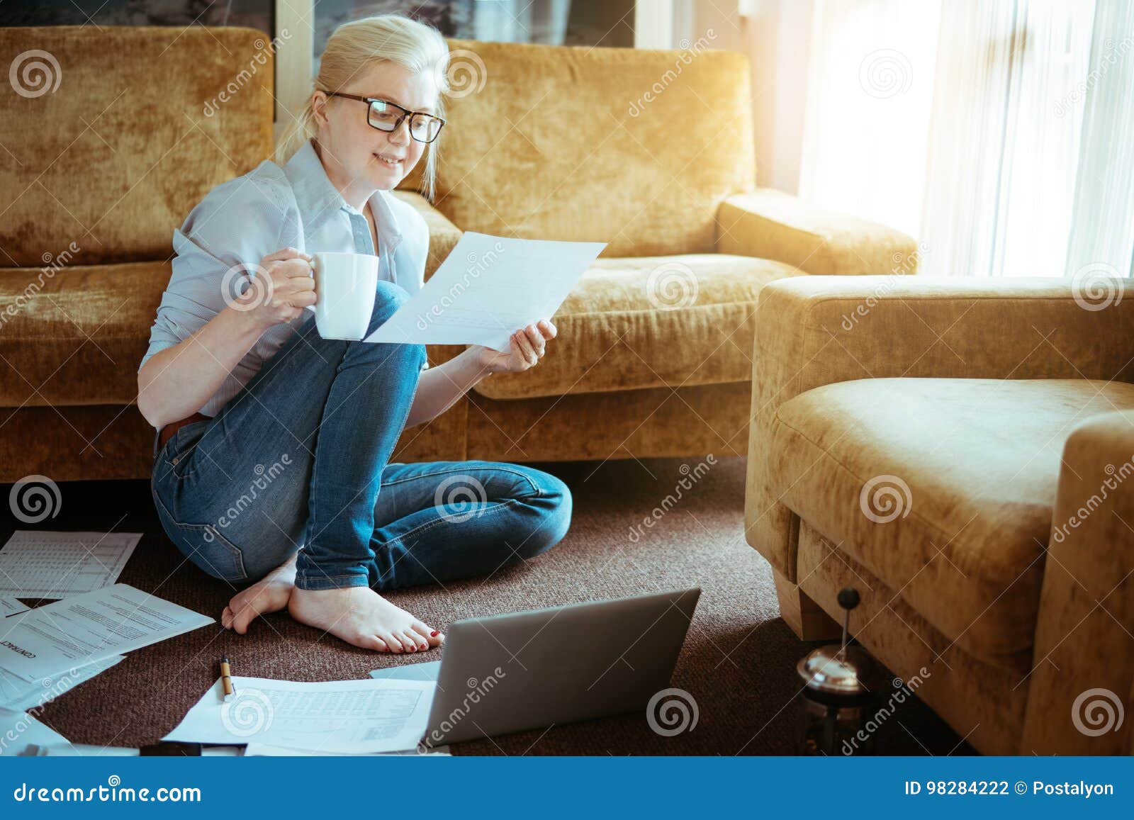 A Woman in Normal Clothes Working at Home. Startup of the Project Stock ...