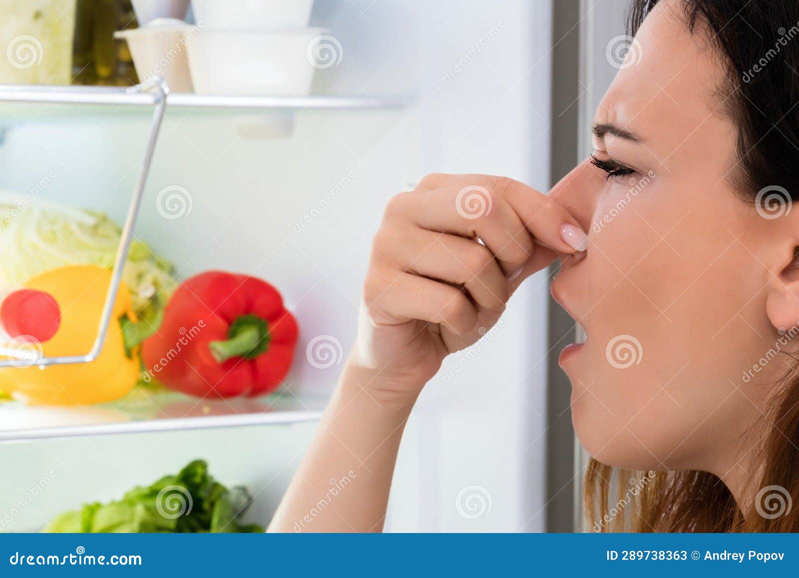 Woman Noticed Smell in Front of Refrigerator Stock Image - Image of ...
