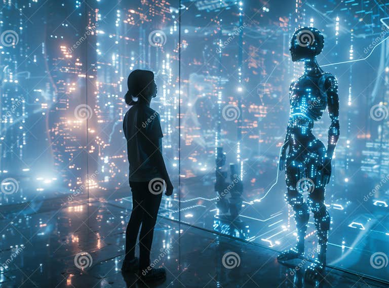 A Woman Is Observing The Robots Facial Features Like Jaw And Eyelashes Stock Image Image Of