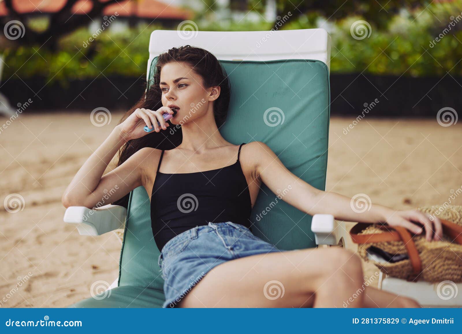 Woman Ocean Sitting Beach Smiling Sand Sunbed Sea Lying Lifestyle