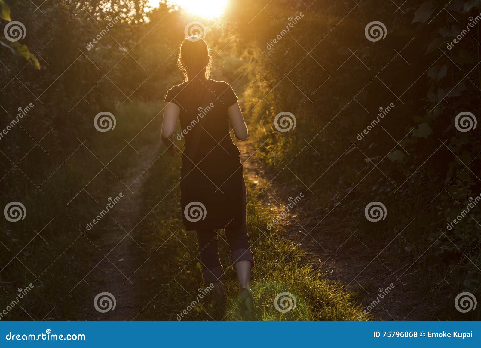 Woman Off Road Running at Sunset Stock Photo - Image of bright ...