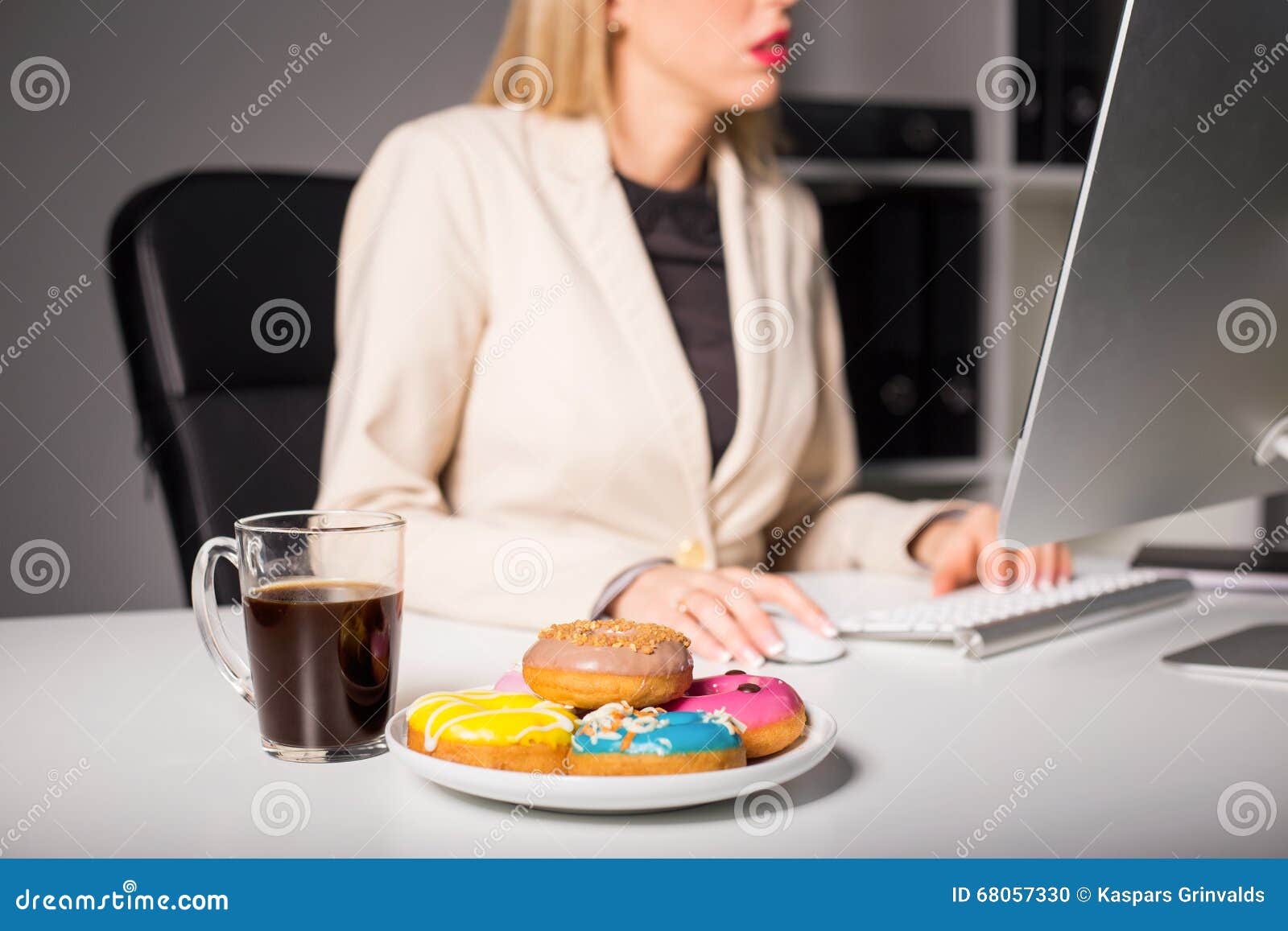 Woman in Office with Coffee and Donuts Stock Photo - Image of snack ...