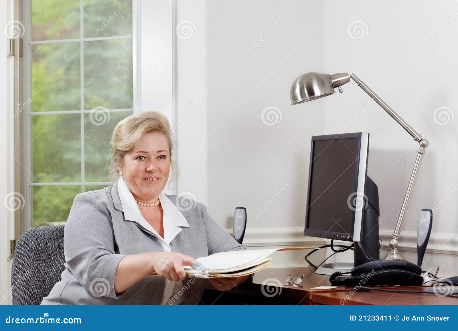 Woman Office Desk Paperwork Stock Image - Image of blond, outstretched ...