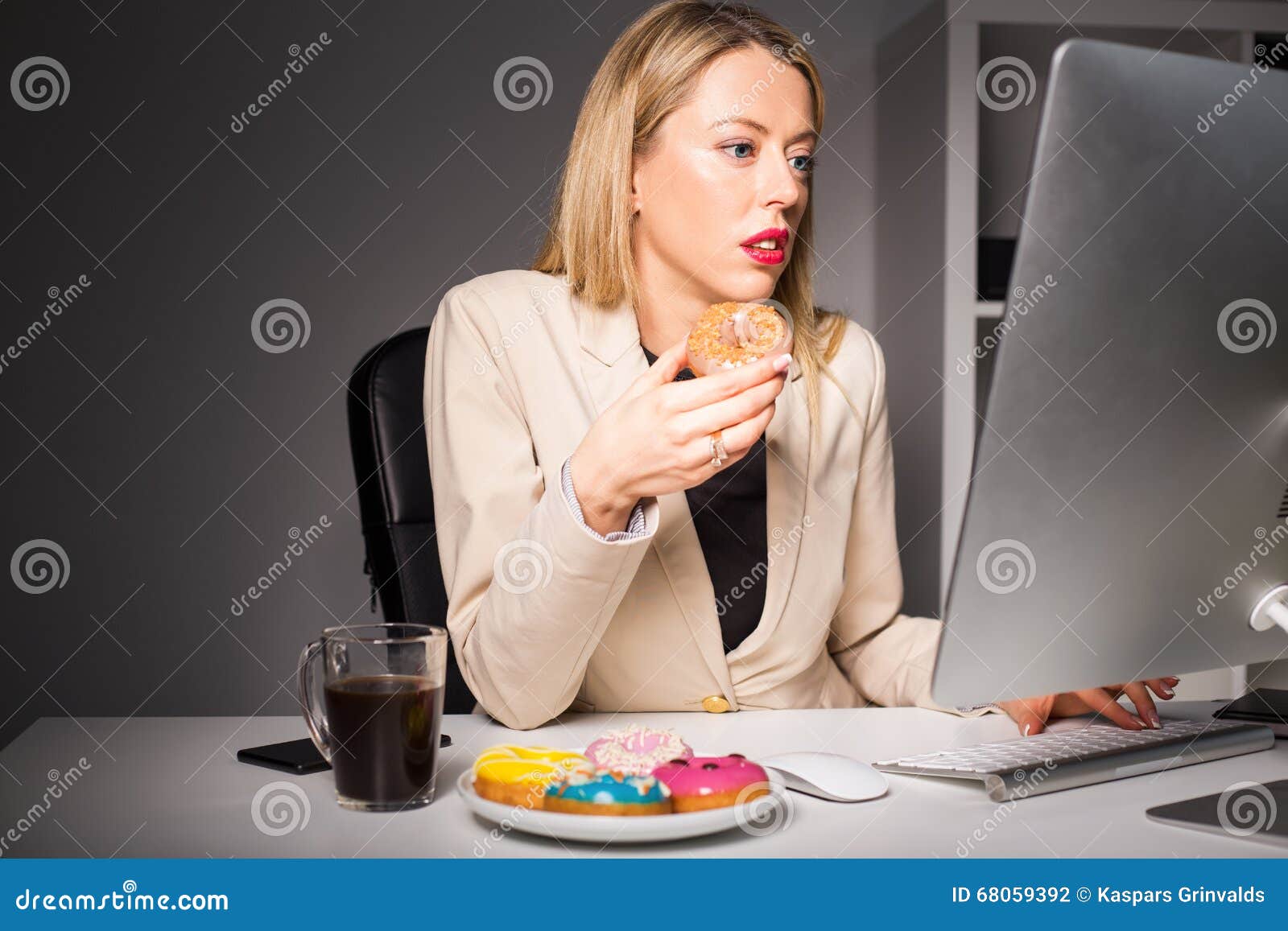Woman in Office Eating Junk Food Stock Photo - Image of round, fast ...