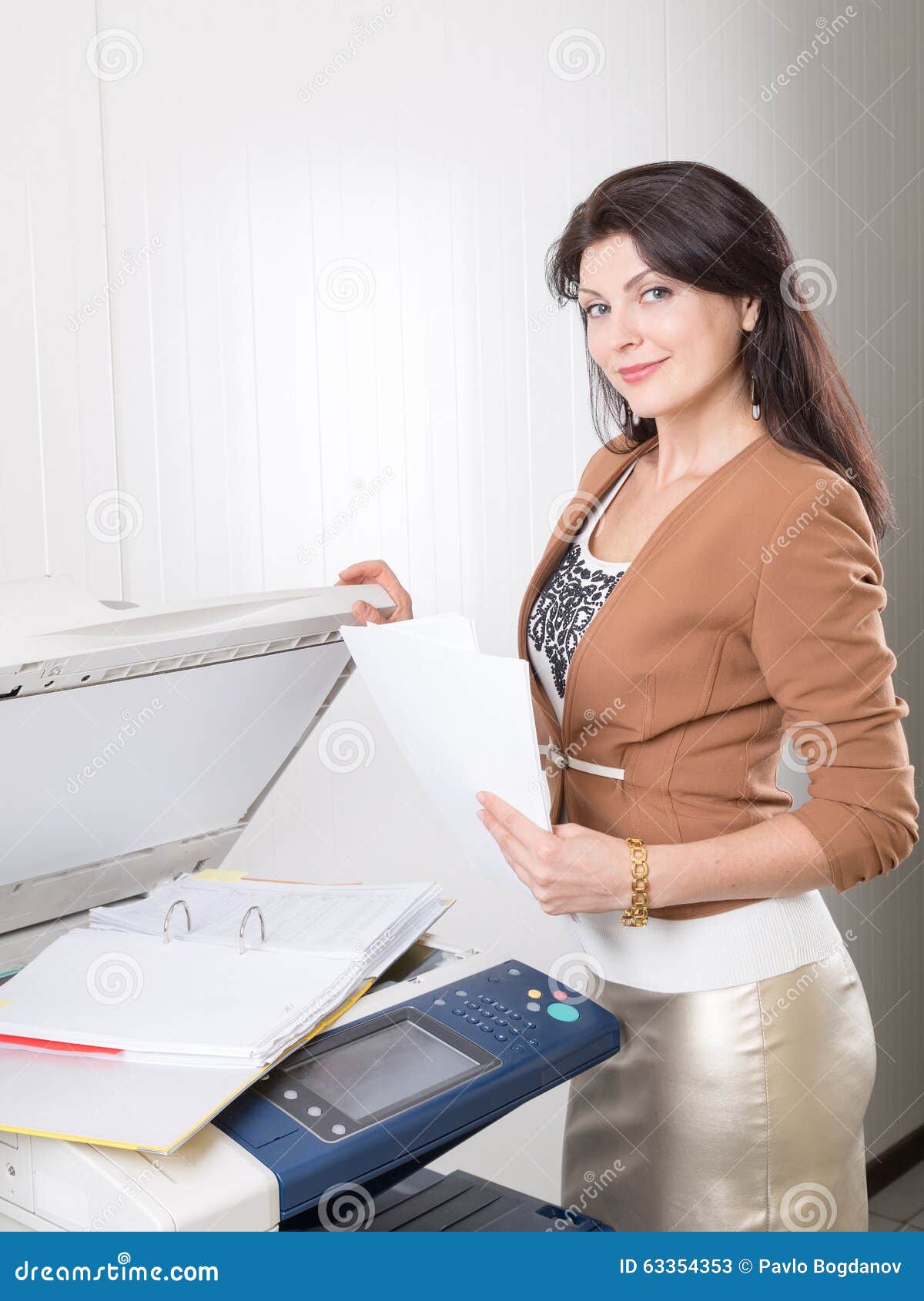 Woman in Office Near the Copier with Documents Stock Image - Image of ...