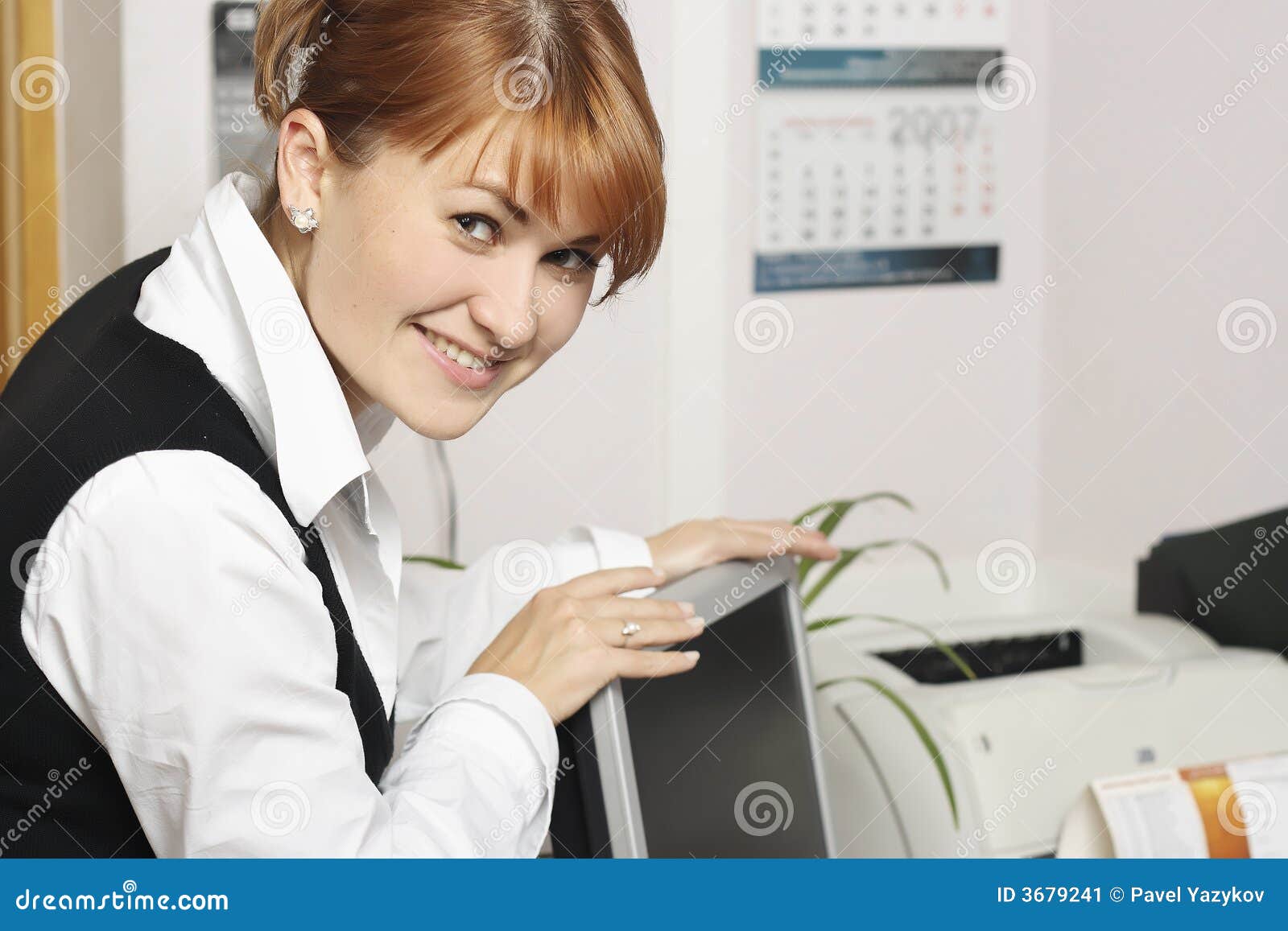 Woman in office smiling stock image. Image of business - 3679241