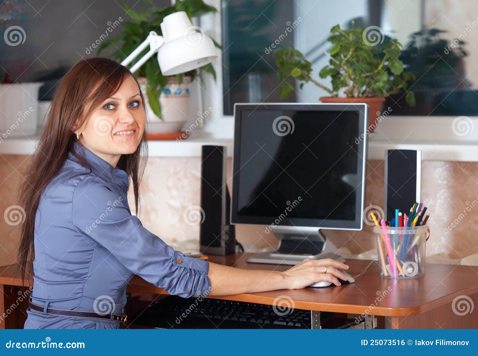 Woman in Office Using Computer Stock Photo - Image of holding, white ...