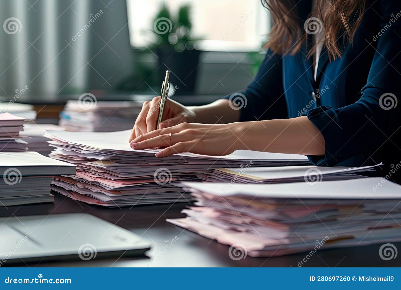 Woman Office Worker Holding and Writing Documents on Office Desk. Stack ...