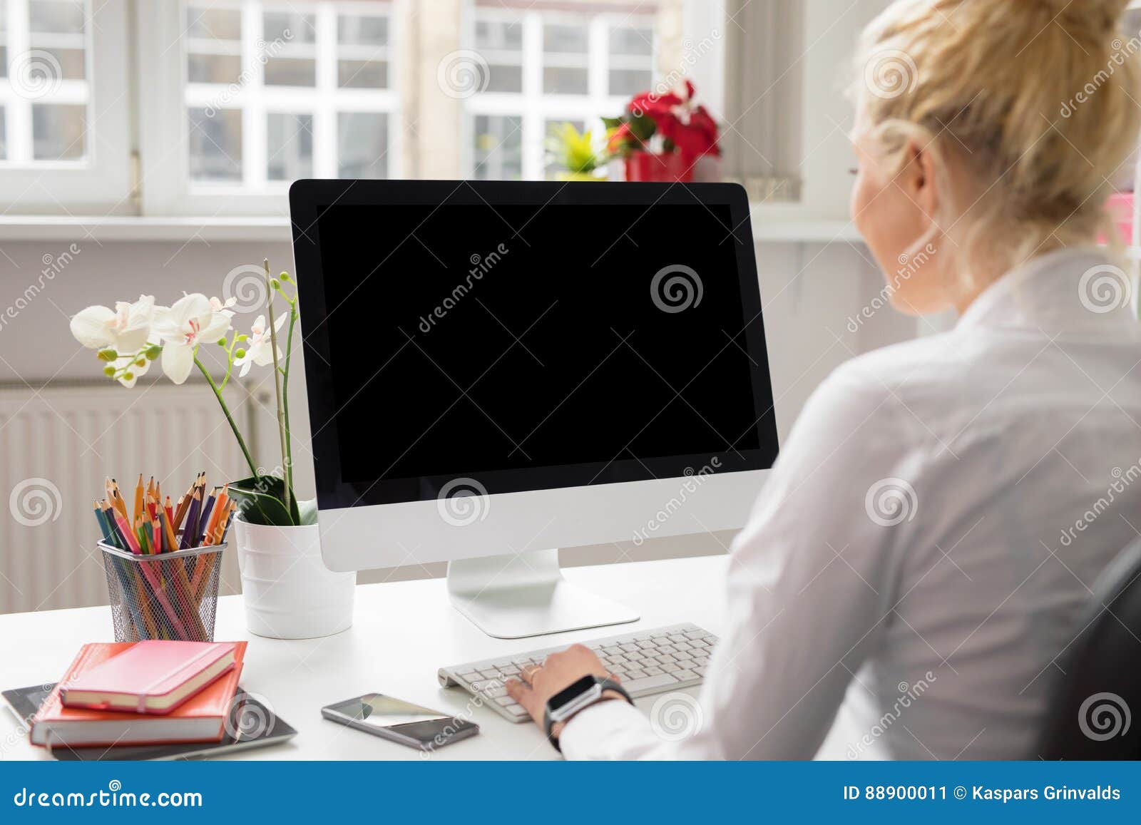 Woman in Office Working on Stationary Computer Stock Image - Image of ...