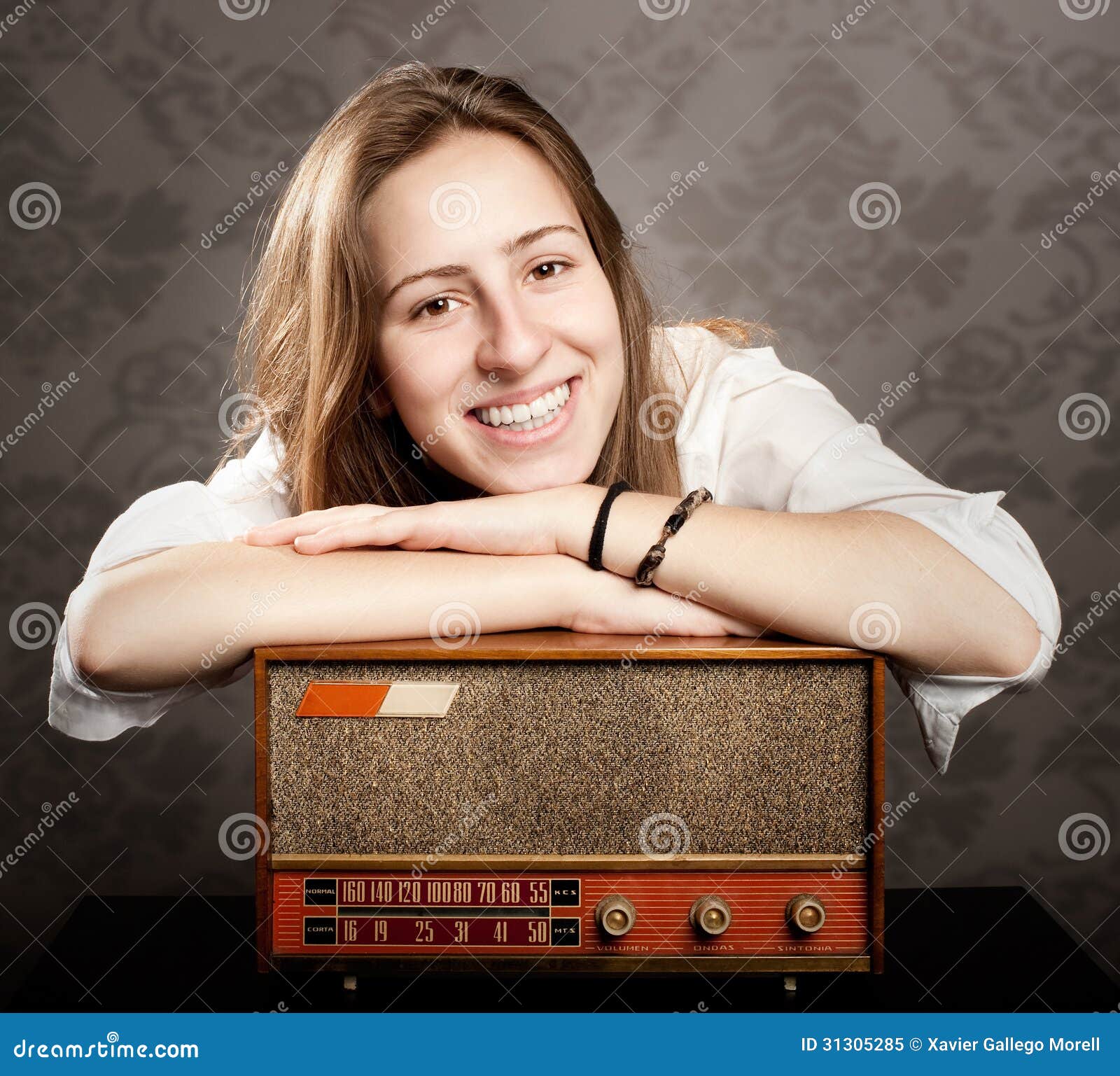 Woman with old retro radio stock image. Image of media - 31305285