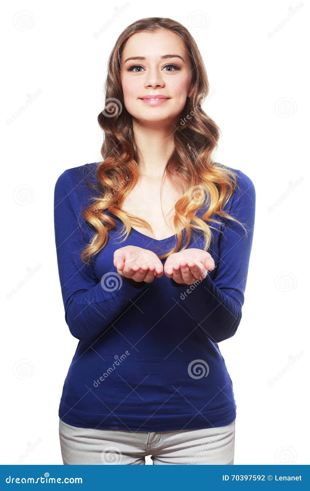 Woman with open hand palm stock photo. Image of people - 70397592