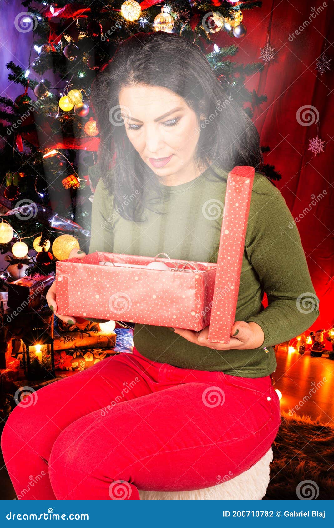 Woman open magic present stock photo. Image of house - 200710782