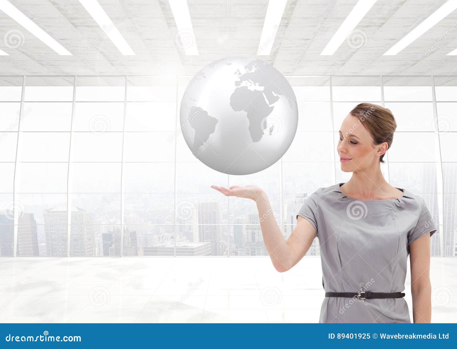 Woman with Open Palm Hand Under World Earth Globe Stock Image - Image ...