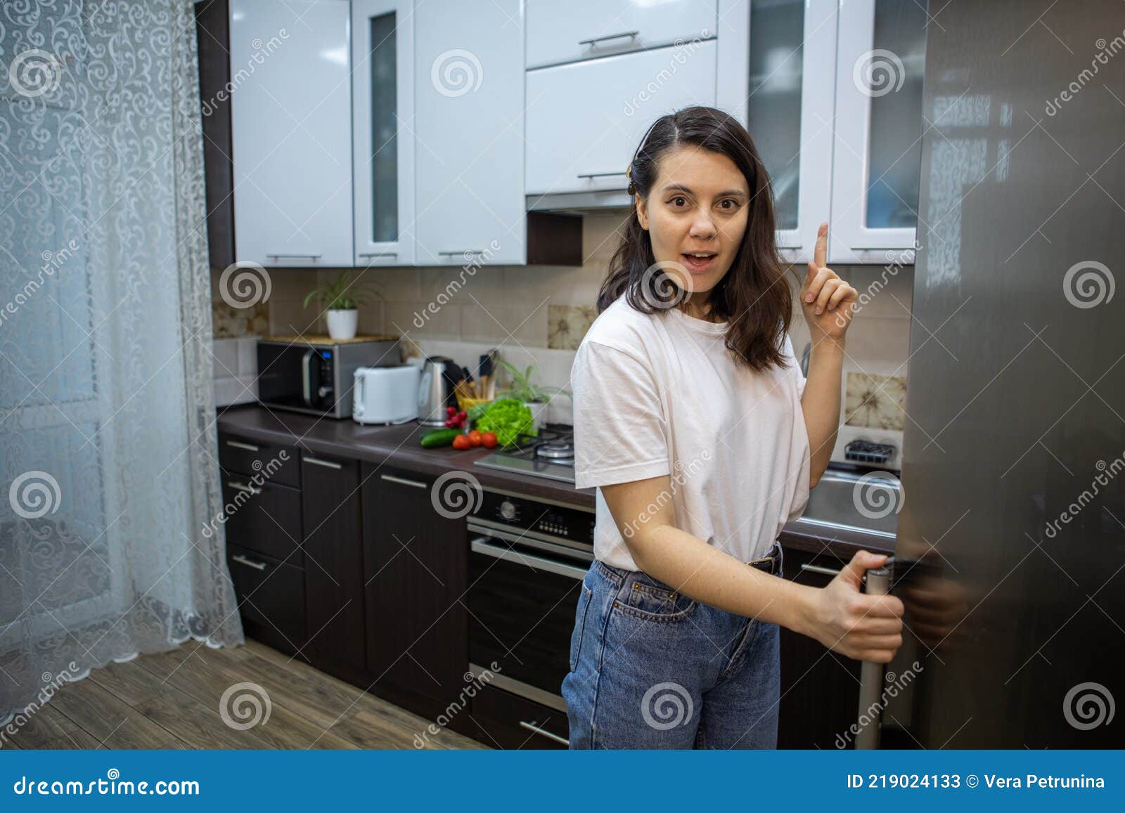 Woman Opened Fridge Thinking What To Cook Stock Image - Image of idea ...