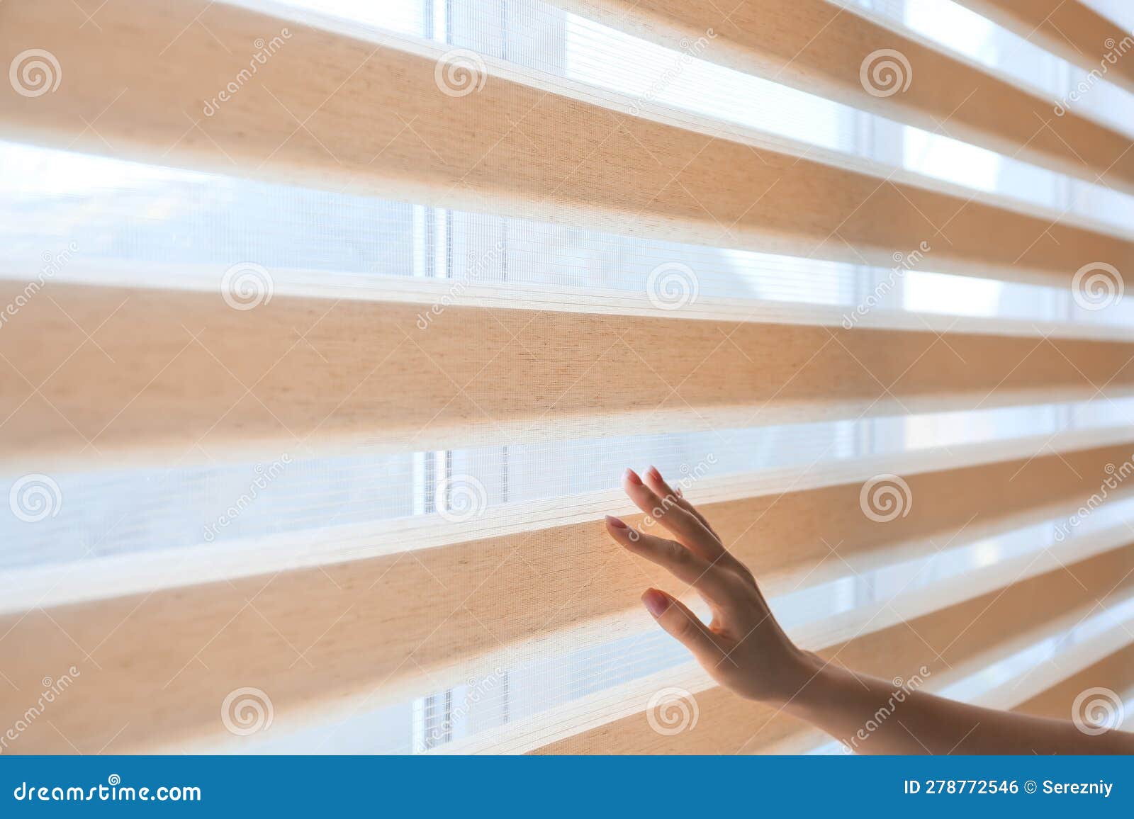 Woman Opening Blinds on Window Stock Photo - Image of blinds, girl ...