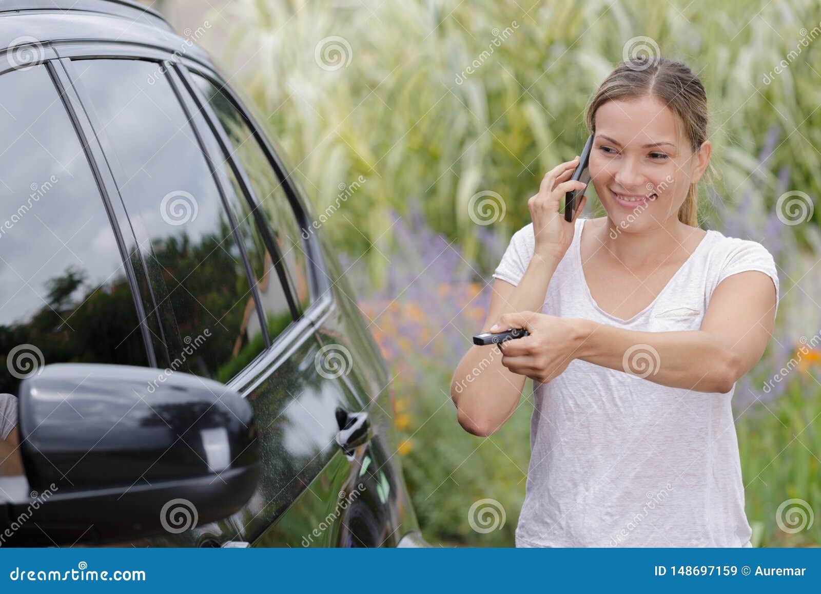 Woman Opening Car Door while Using Phone Stock Image - Image of driver ...