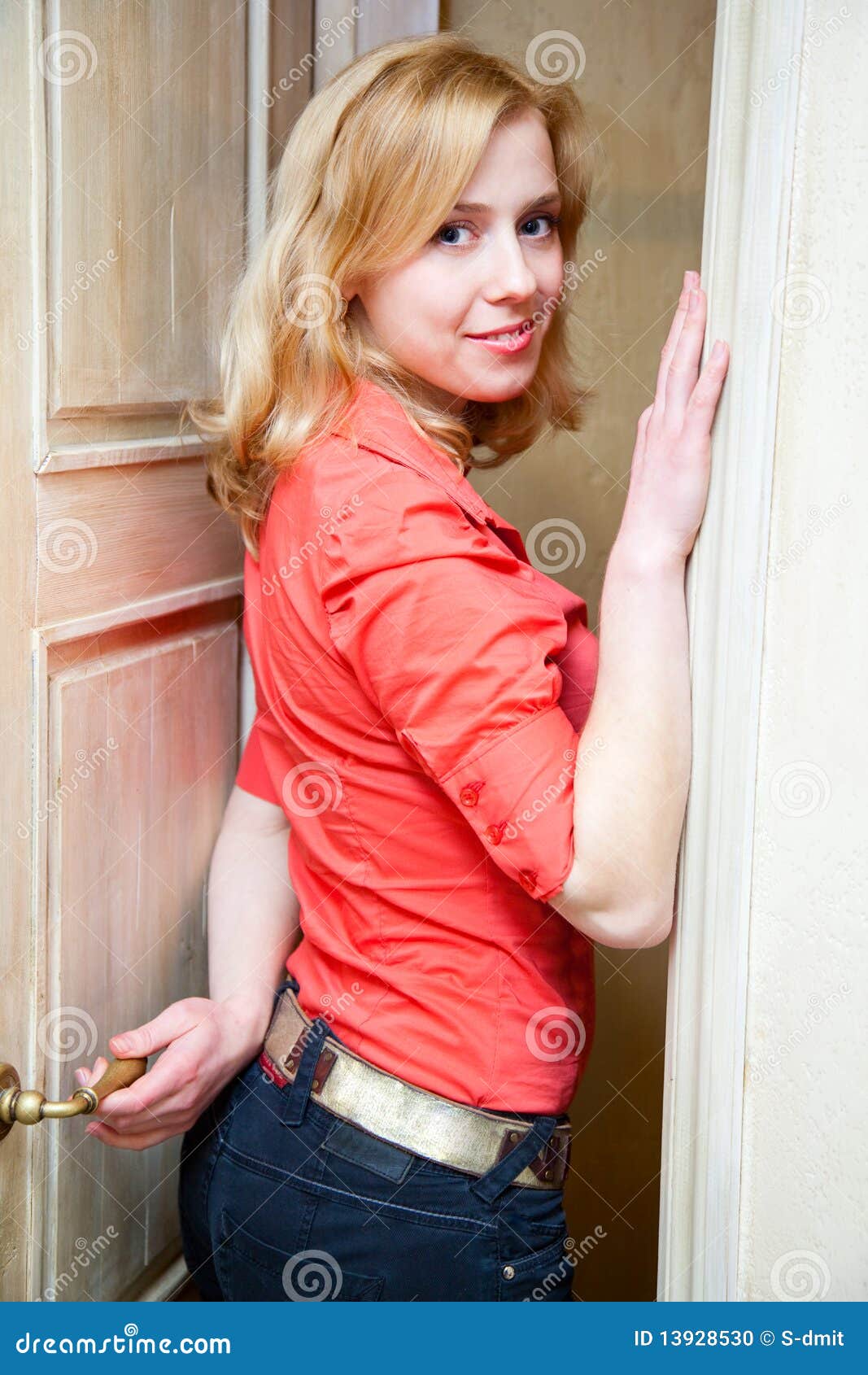 Woman opening a door stock photo. Image of happiness - 13928530