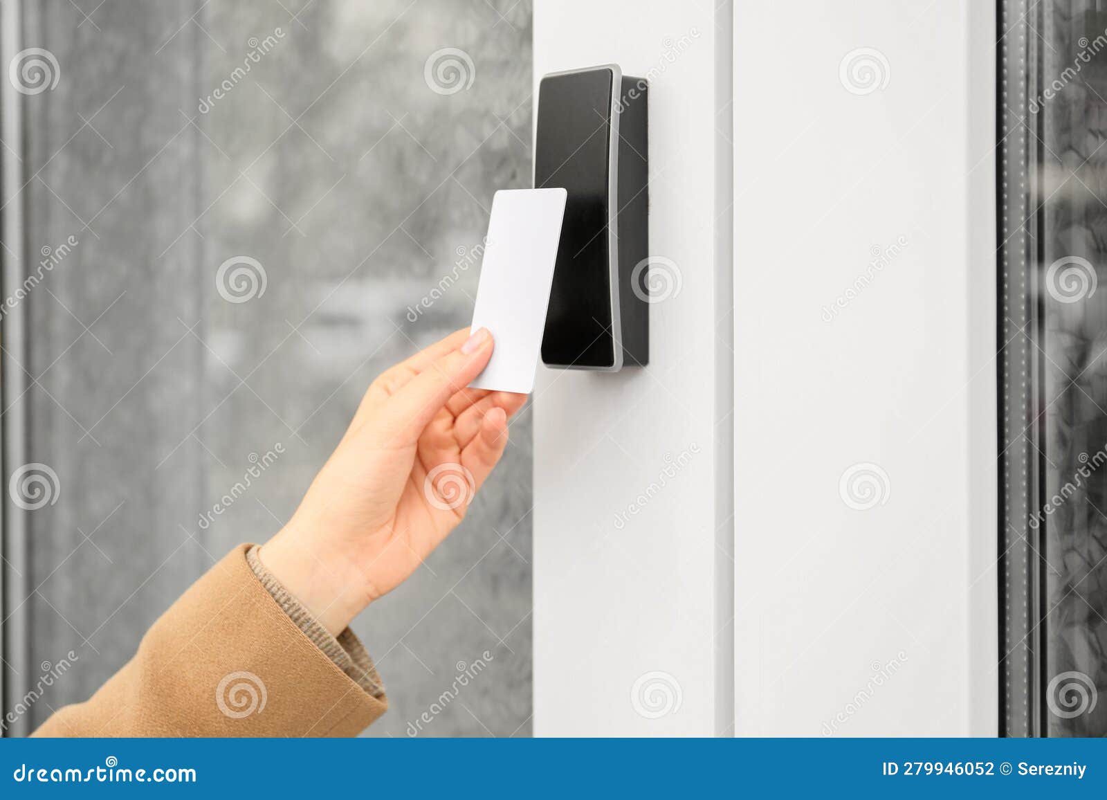 Woman Opening Door with Security Card from the Outside Stock Photo ...