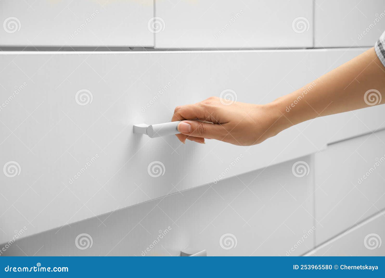 Woman Opening Drawer at Home, Closeup View Stock Photo - Image of ...
