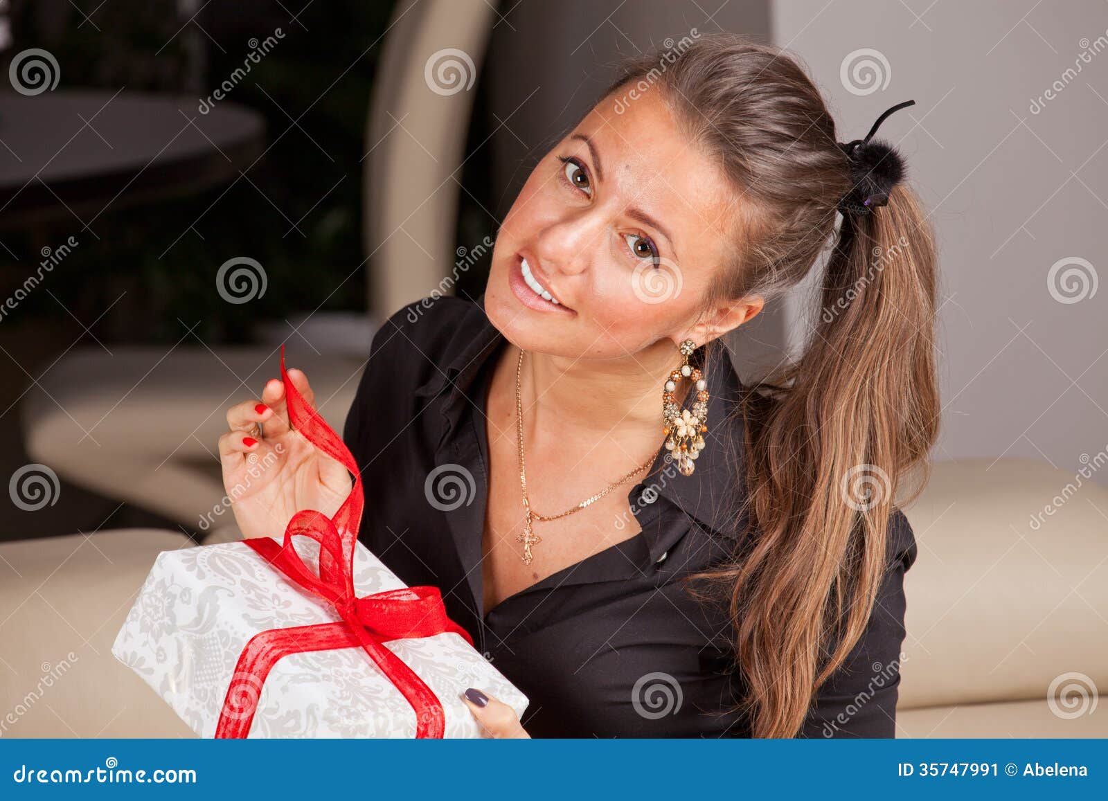 Woman opening gift box stock image. Image of happiness - 35747991