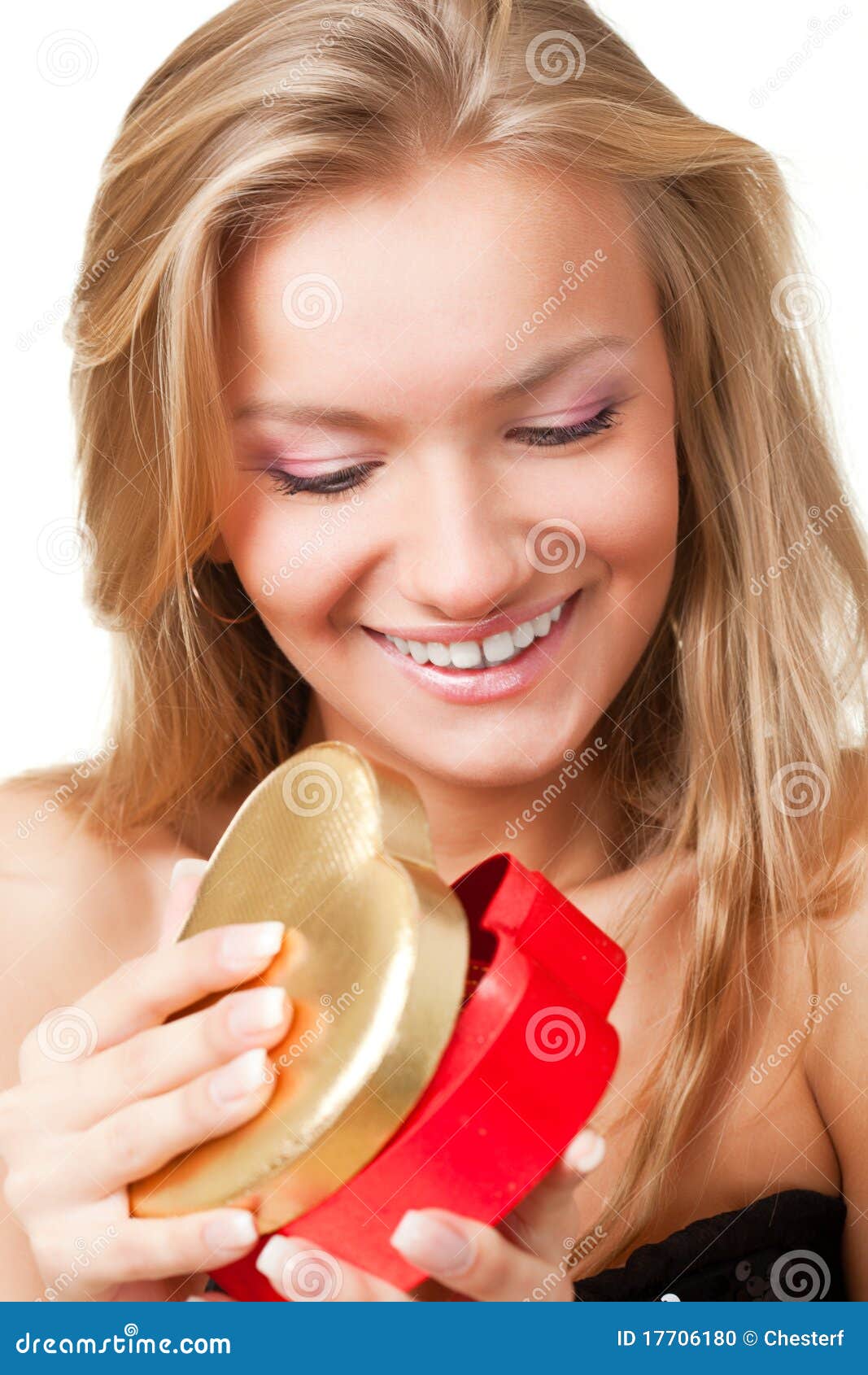 Woman Opening Heart Shaped Box Stock Photo - Image of look, person ...