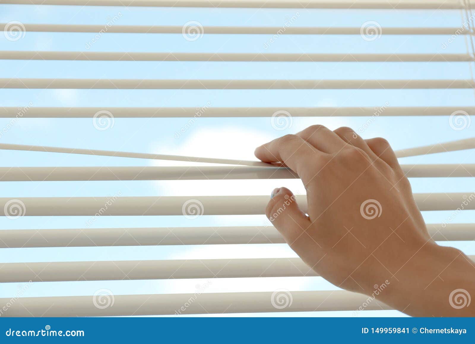 Woman Opening Horizontal Window Blinds at Home, Closeup Stock Image ...