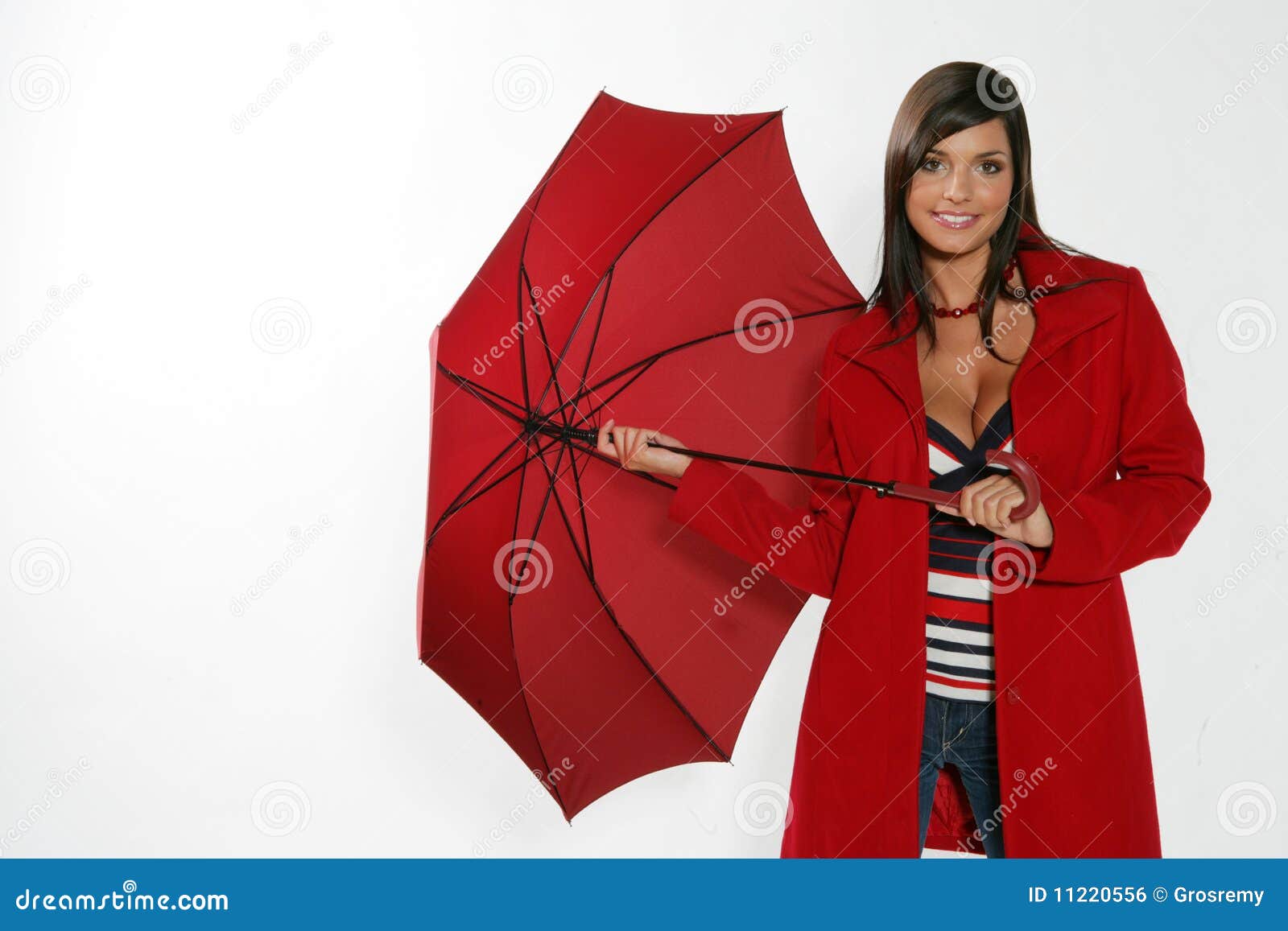 Woman Opening Red Umbrella. Stock Photo - Image of casual, fall: 11220556