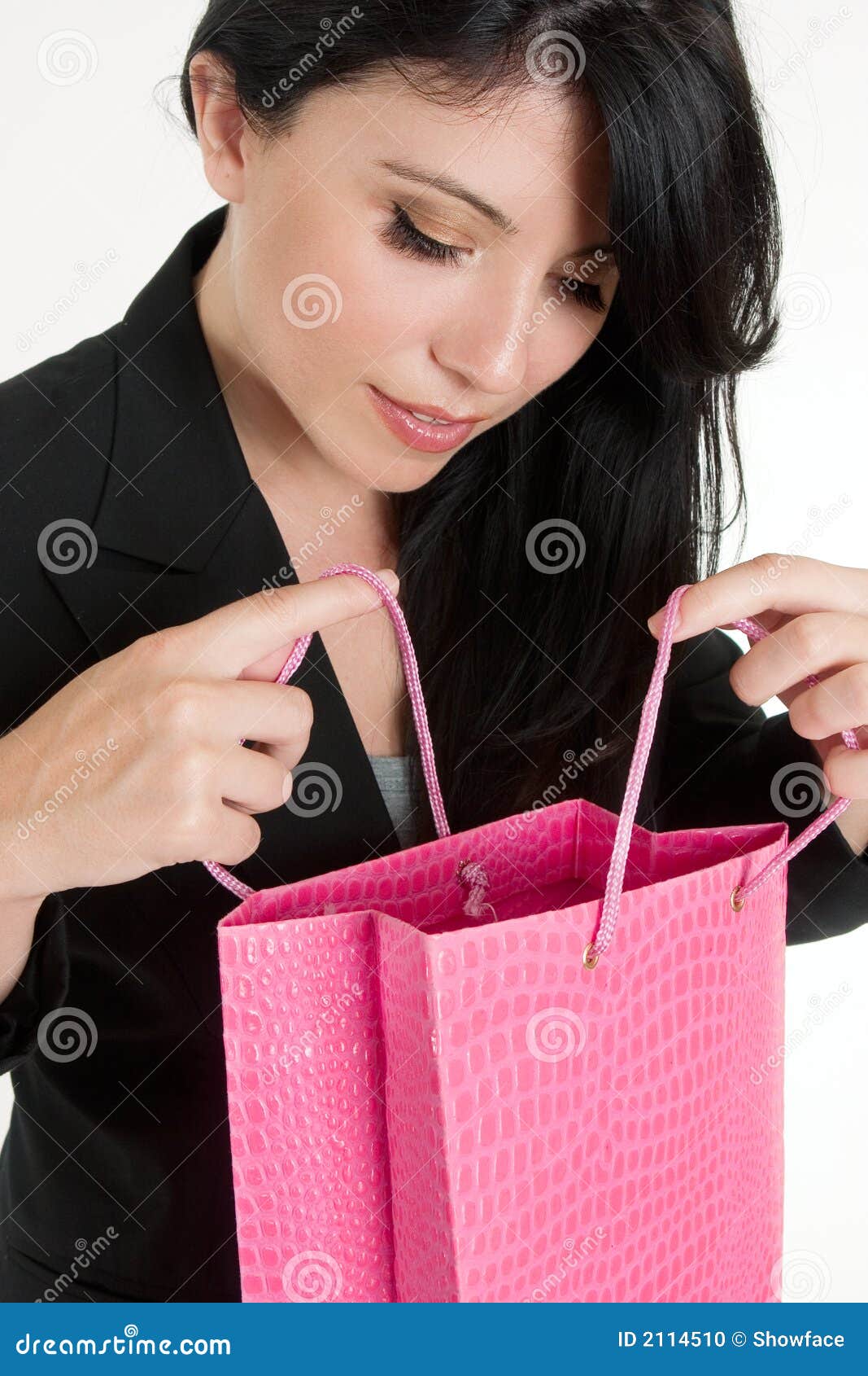 Woman Opening Up a Gift Bag Stock Photo - Image of receiving, woman ...