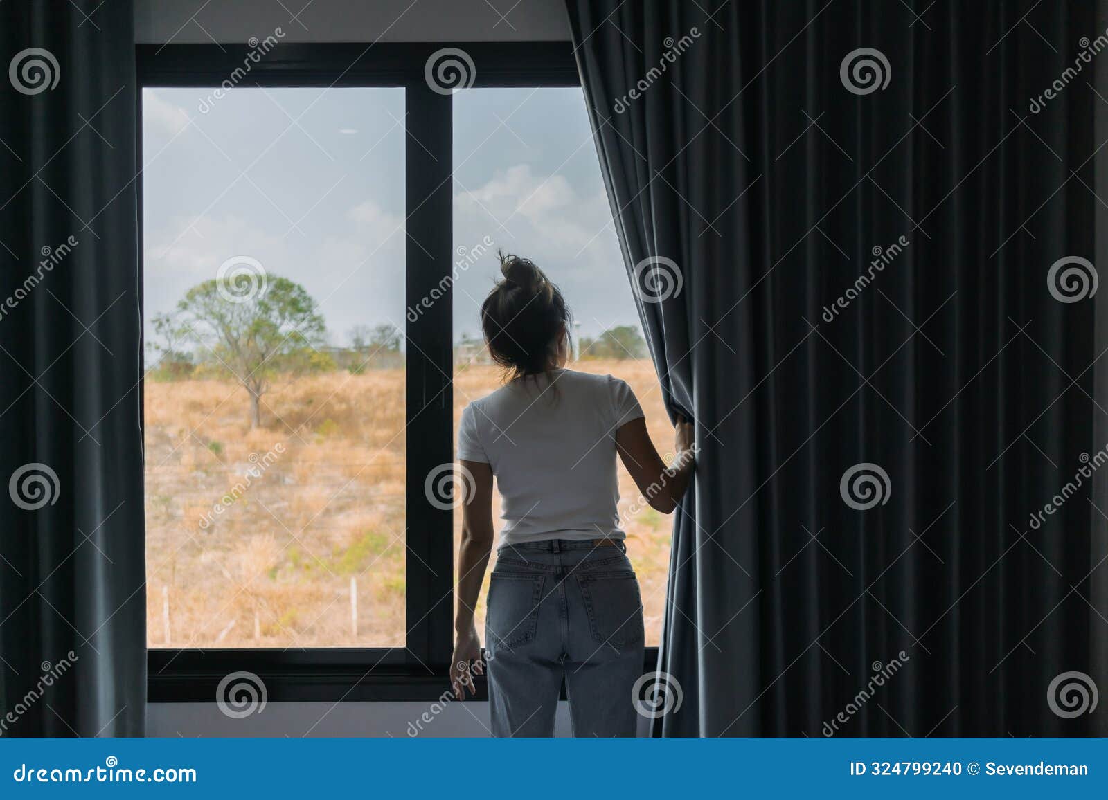Woman Opens Windows Curtain of Bedroom and Checking the View. Stock ...
