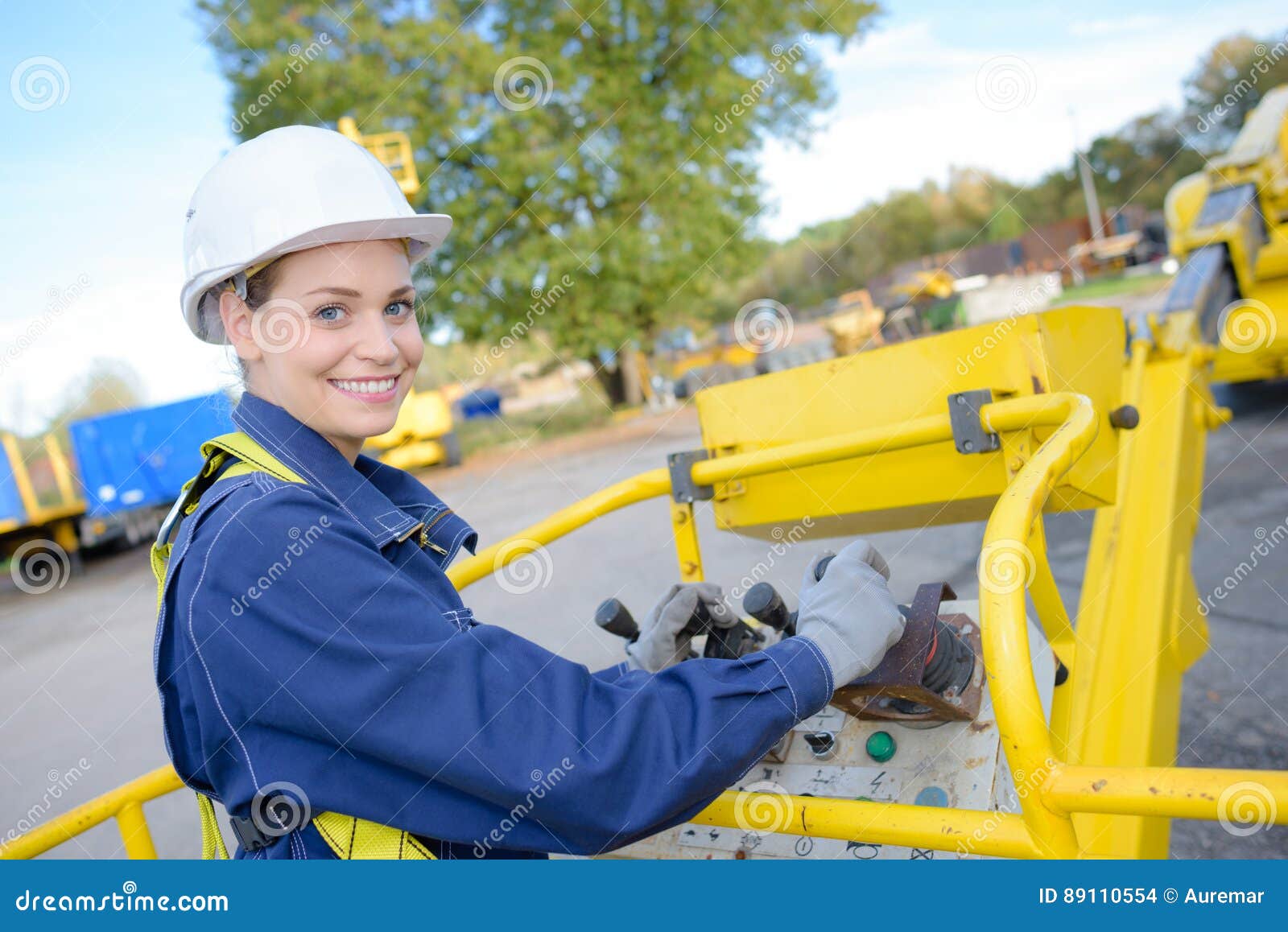 Woman Operating Controls Cherry Picker Bucket Stock Photo - Image of ...