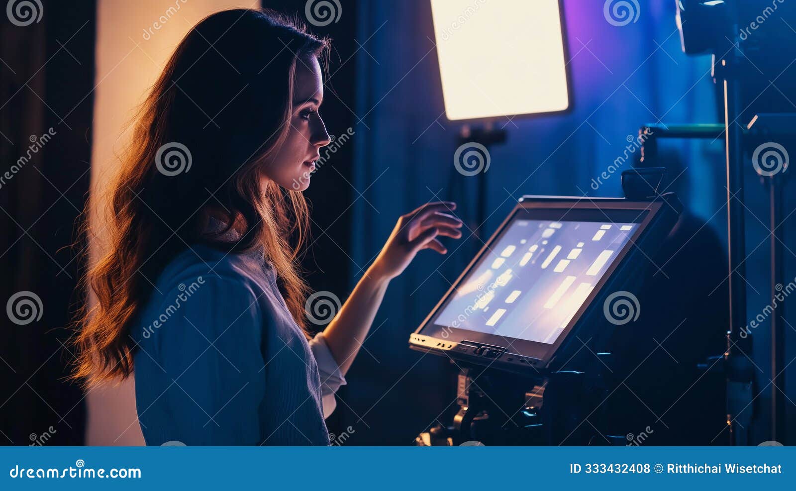 A Woman Operating a Touchscreen Interface in a Dimly Lit Room ...
