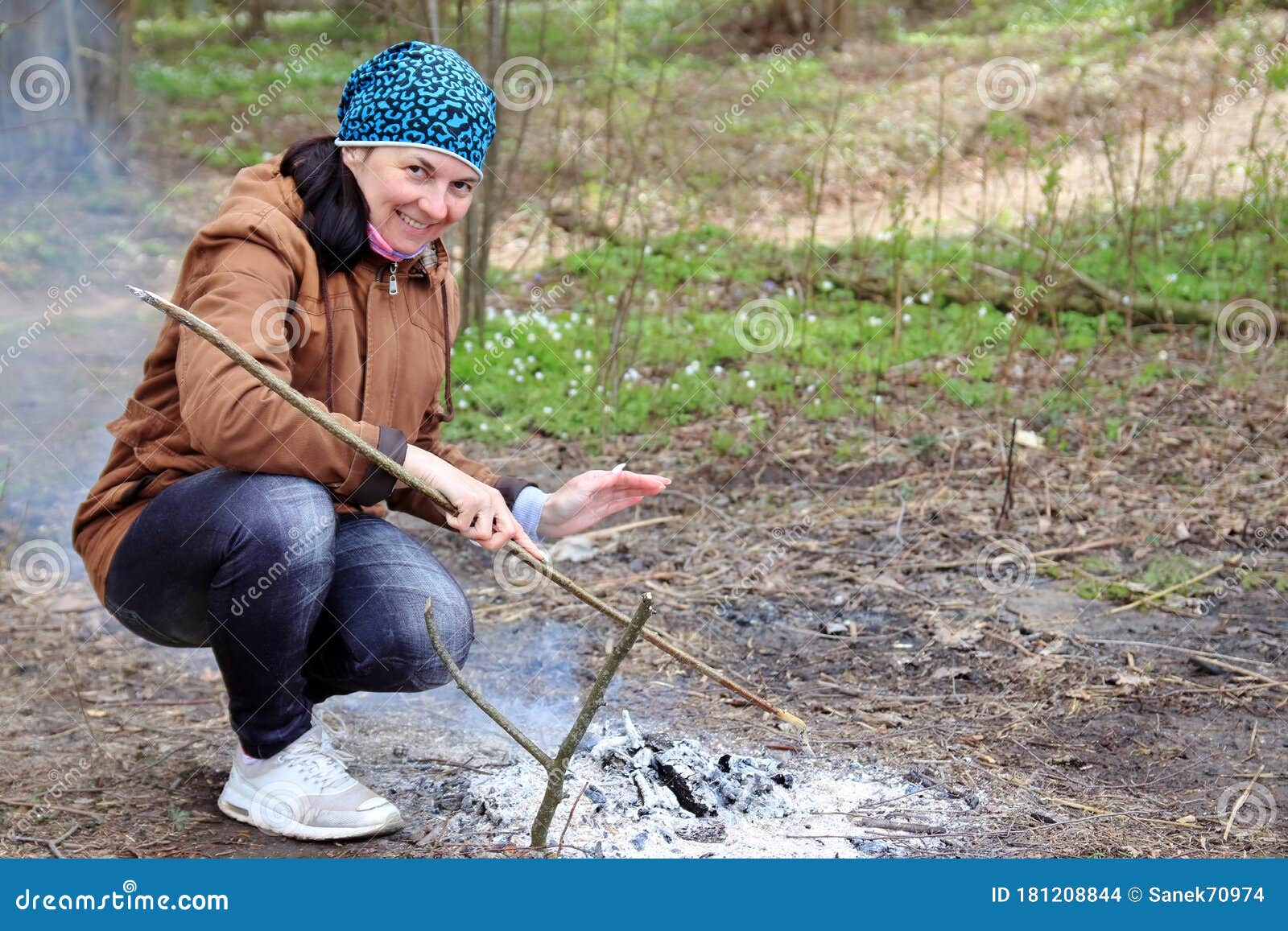 Campfire woman stock photo. Image of green, model, camping - 181208844
