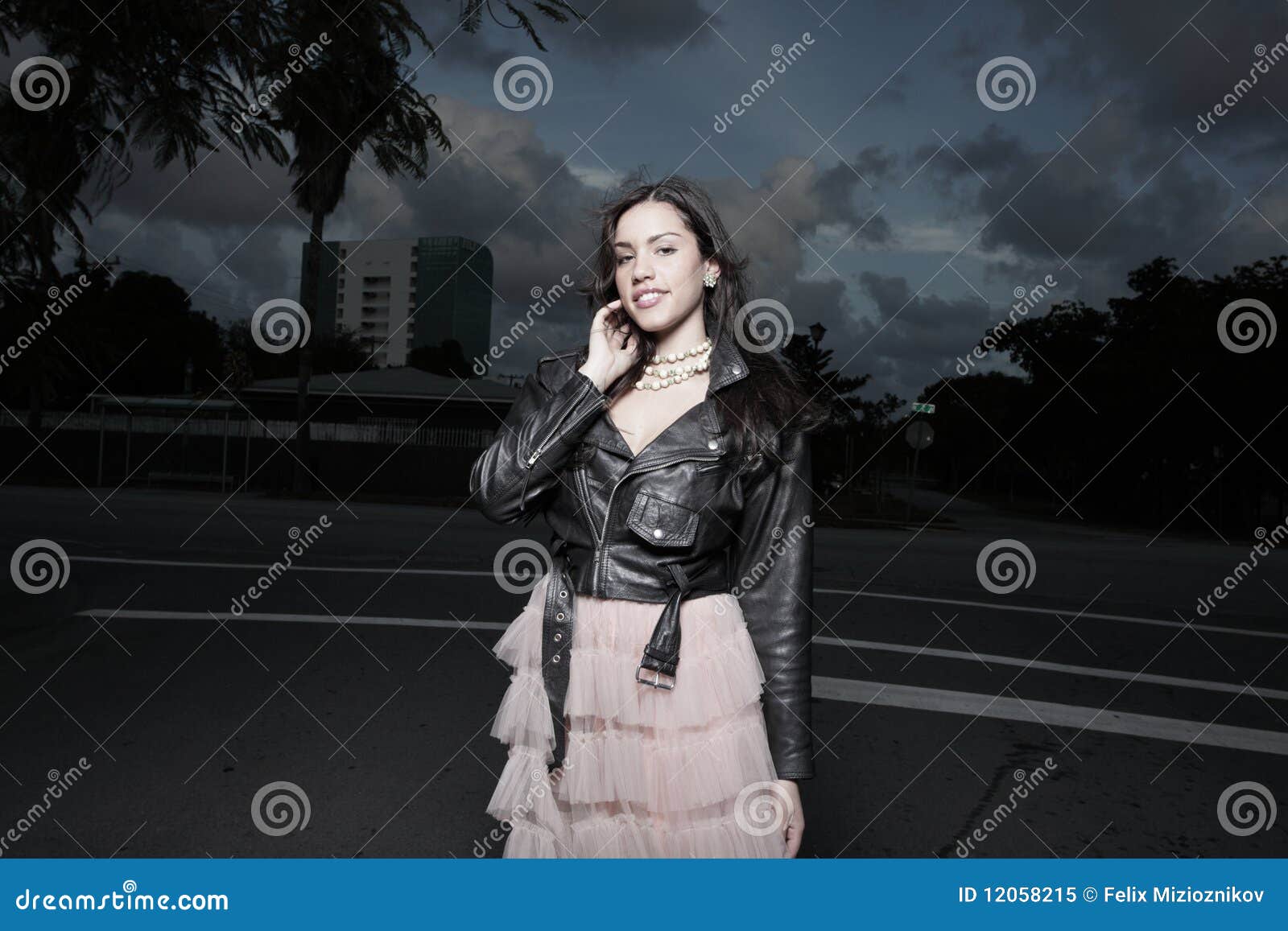 Woman outside at night stock image. Image of leather - 12058215