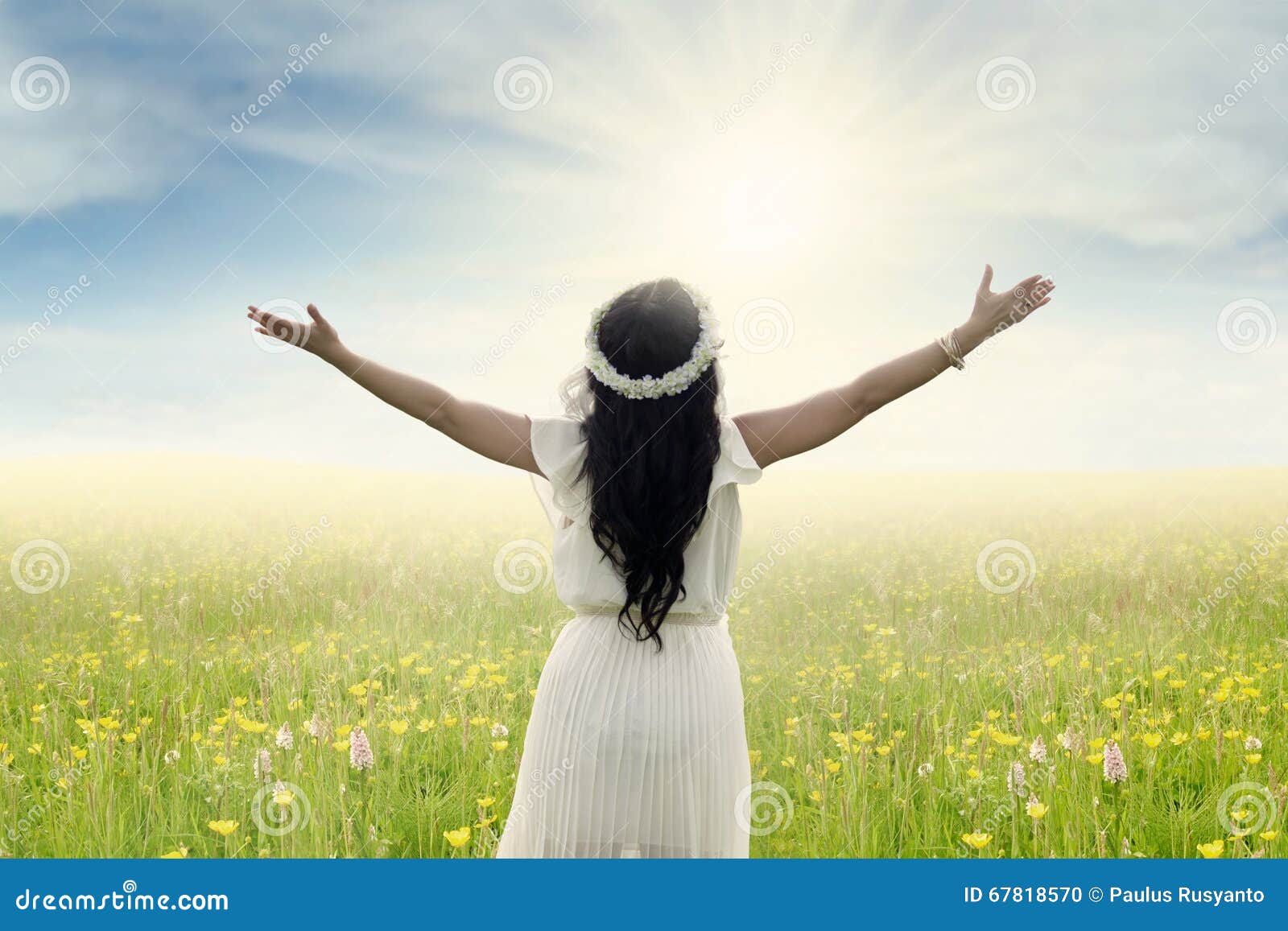Woman with Outstretched Hands on Meadow Stock Photo - Image of outdoor ...