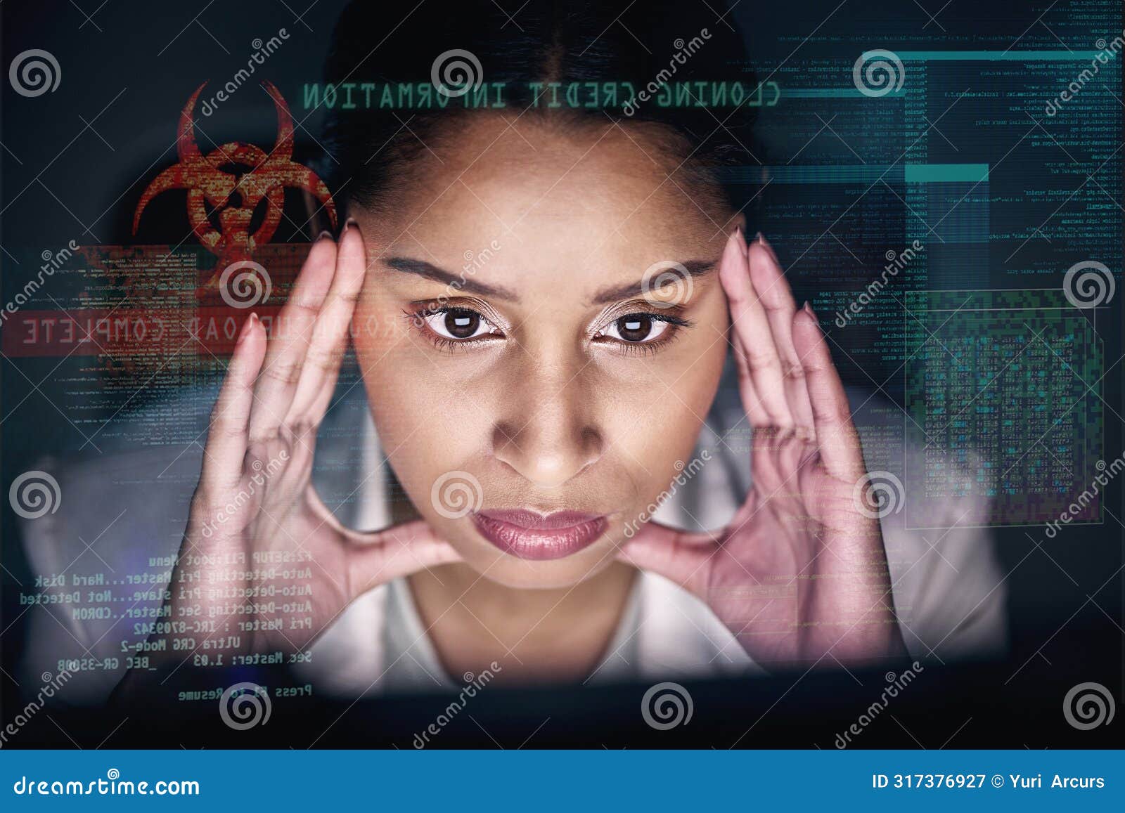 Woman Overlay And Programming With Headache Or Burnout With Information Data And And System