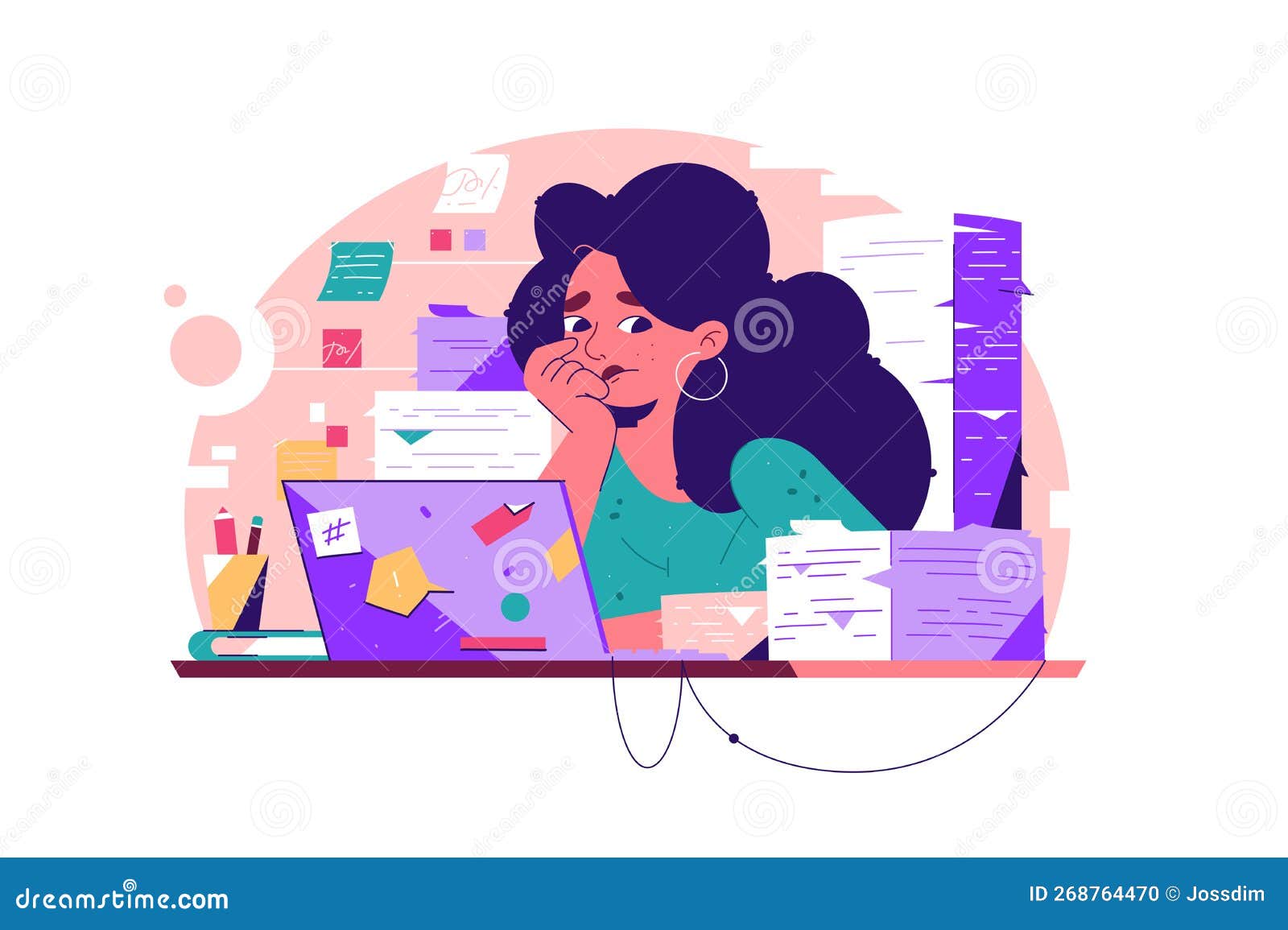 Woman overwhelmed by work stock vector. Illustration of concerned ...