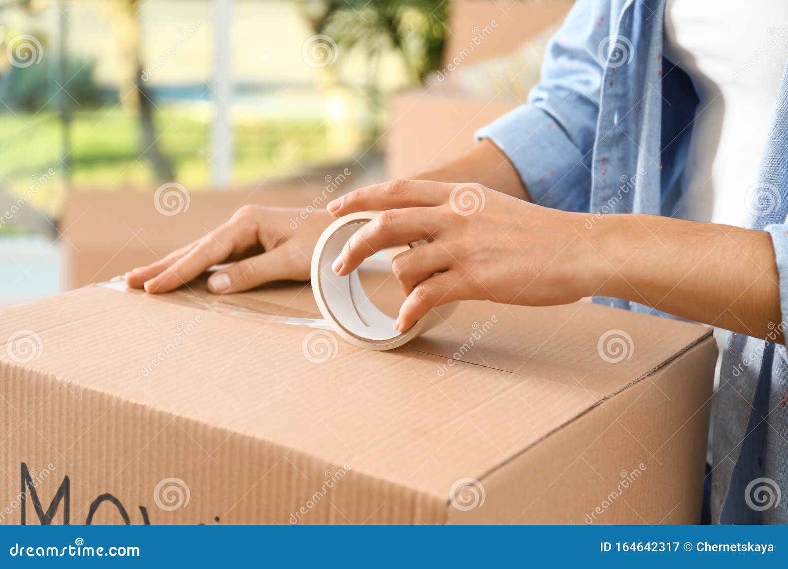 Woman Packing Box at Table. Moving Day Stock Image - Image of mail ...