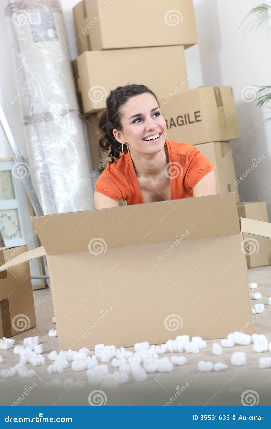 Woman with packing boxes stock image. Image of move, female - 35531633
