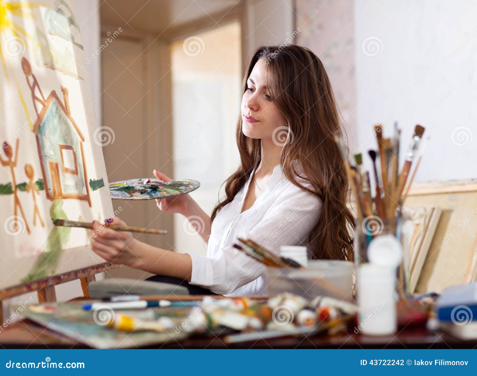 Woman Paints on Canvas in Workshop Stock Photo - Image of dreams, board ...