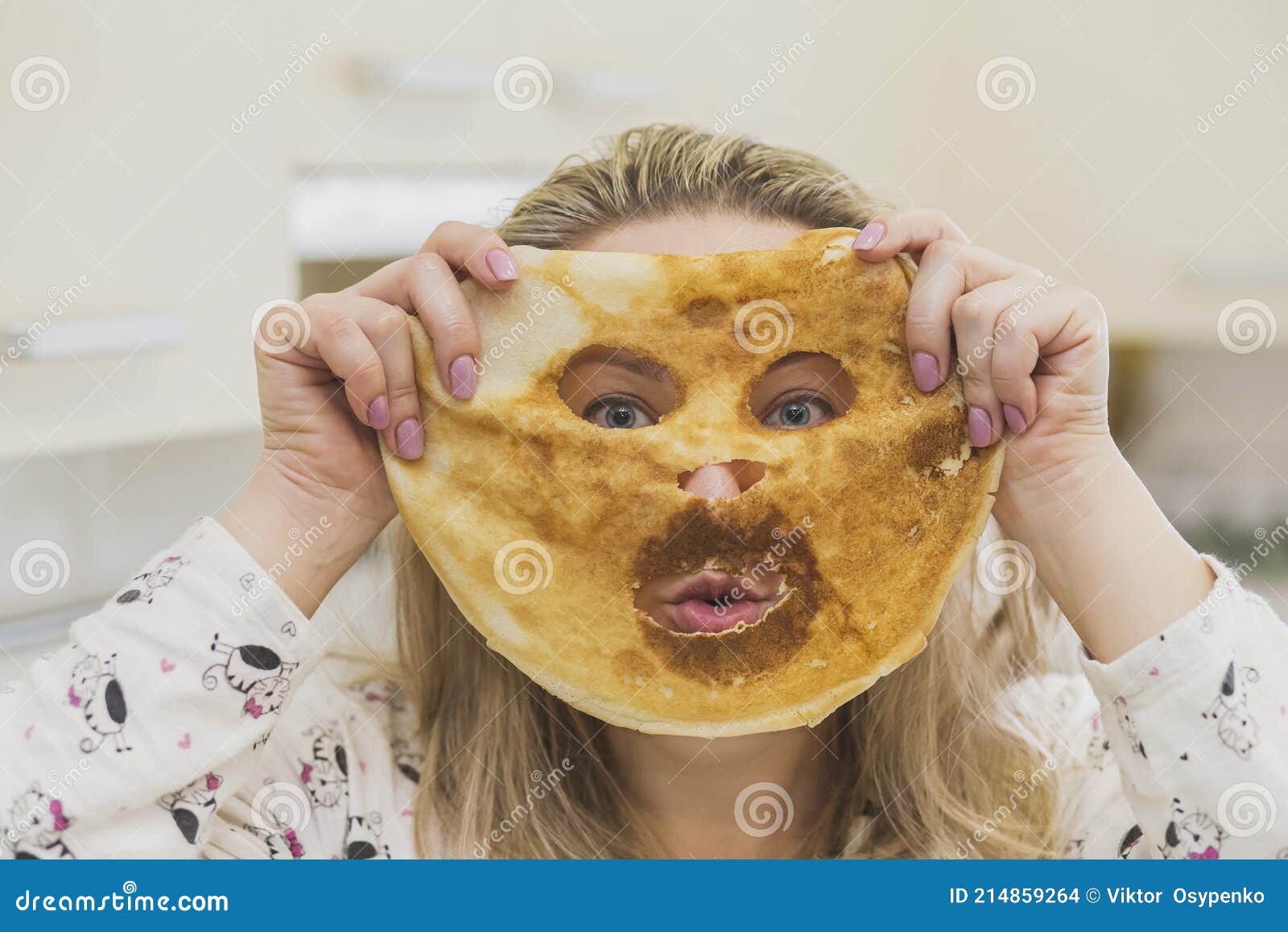 Woman in Pajamas Made a Pancake Mask Stock Photo - Image of dessert ...