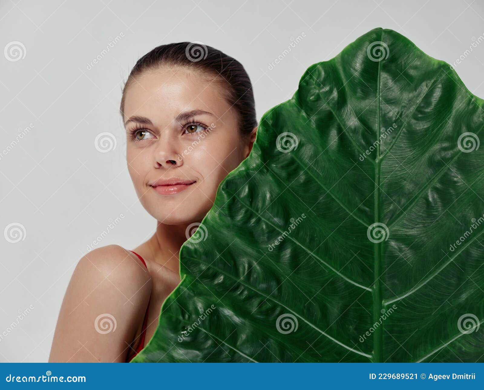 Woman With Palm Leaf Bare Shoulders Side View Isolated Background Stock