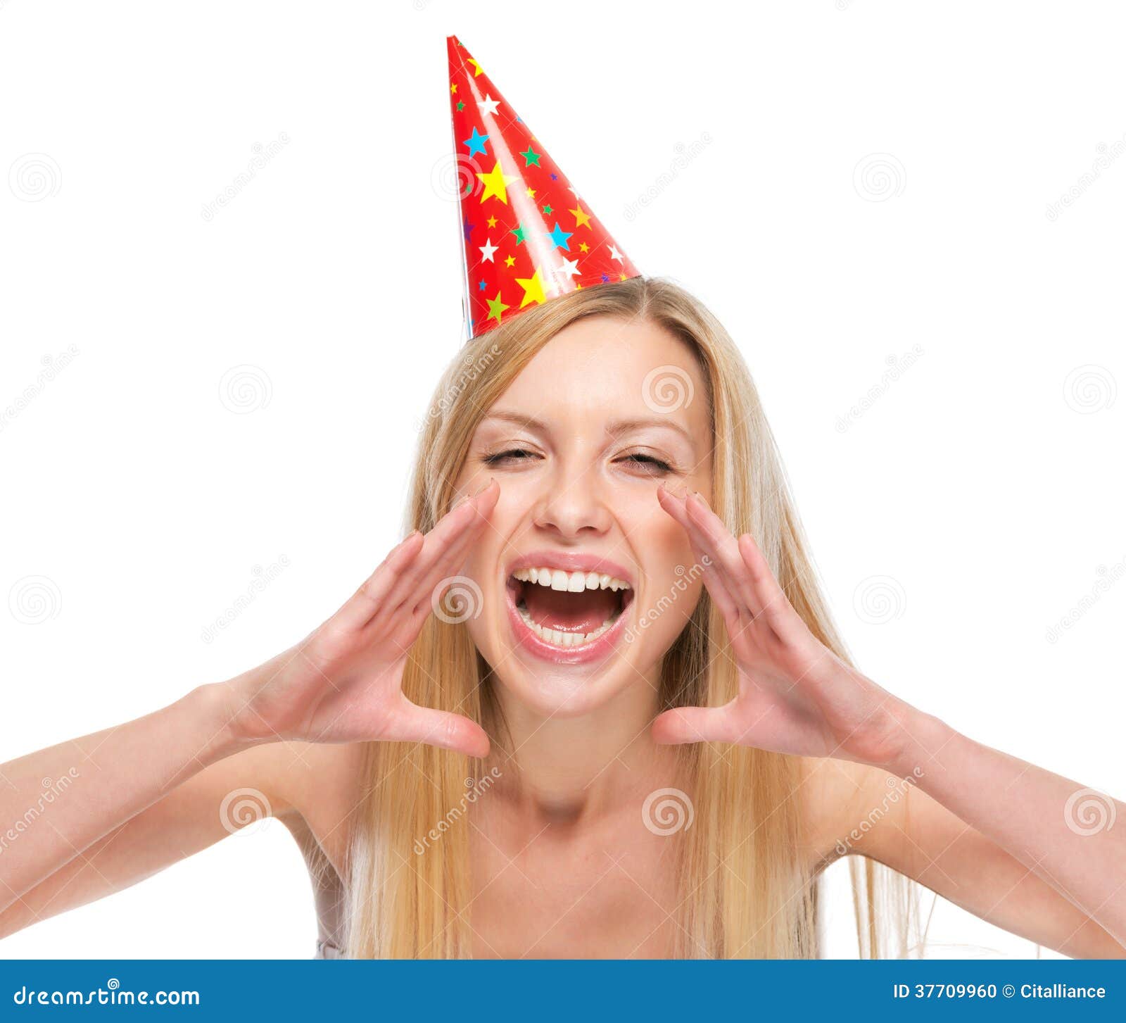 Woman in Party Cap Shouting through Megaphone Shaped Hands Stock Photo ...