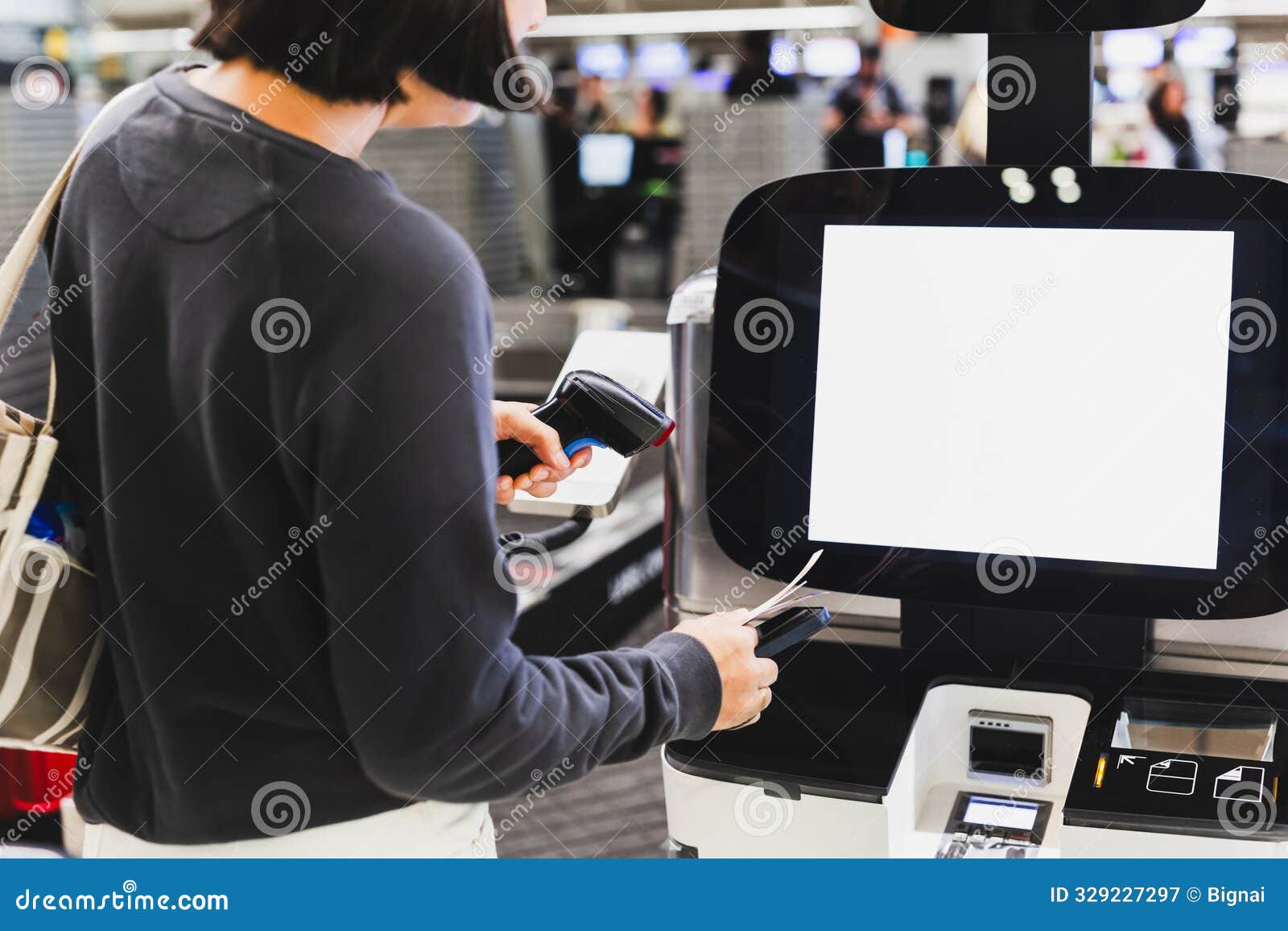 Woman Passenger Self Check in Scanning Qr Code Boarding Pass at Airport ...