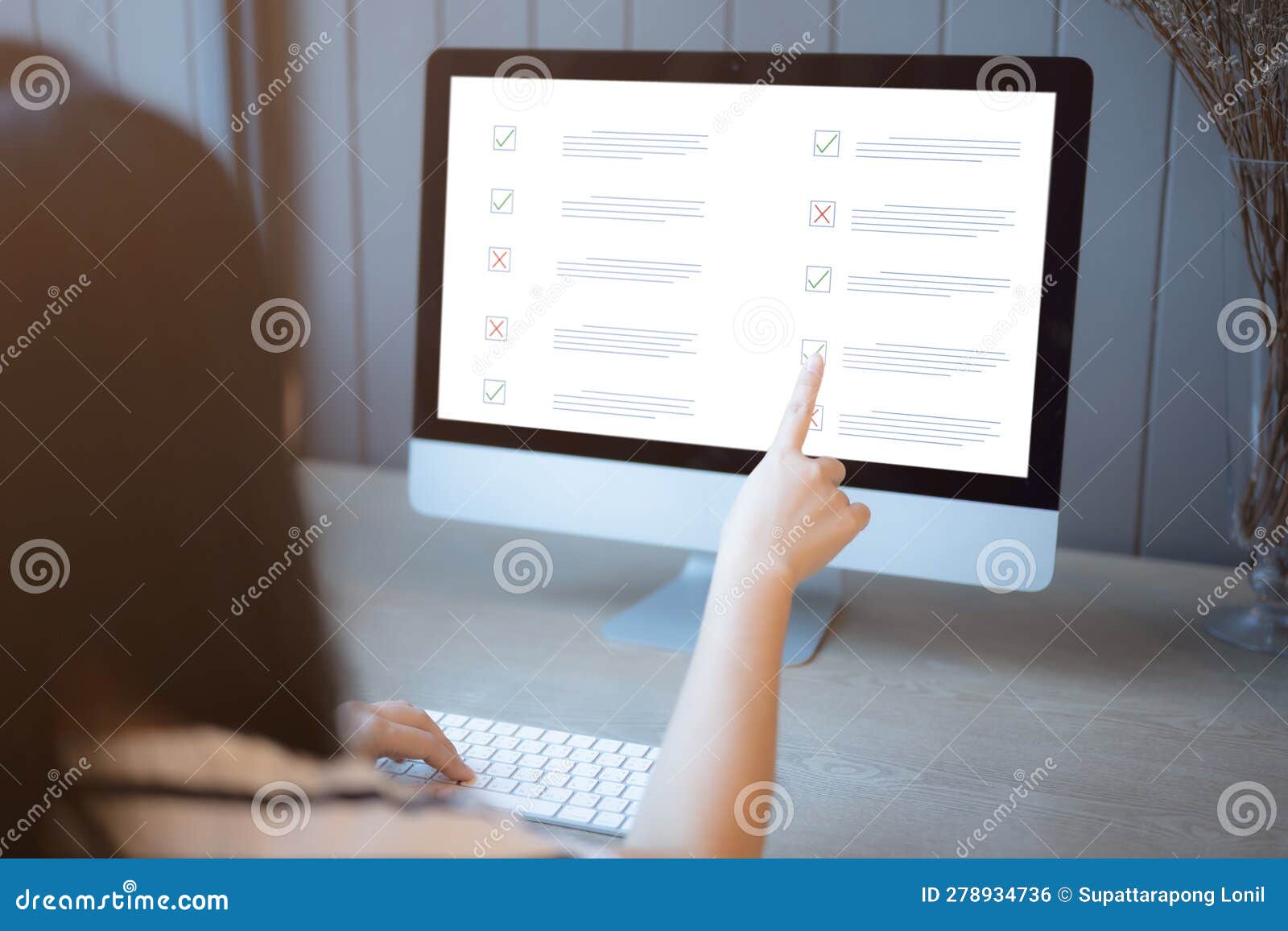 Woman Passing Online Exam, Questionnaire Online with Checkboxes ... Woman Passing Online Exam, Questionnaire Online with Checkboxes ...