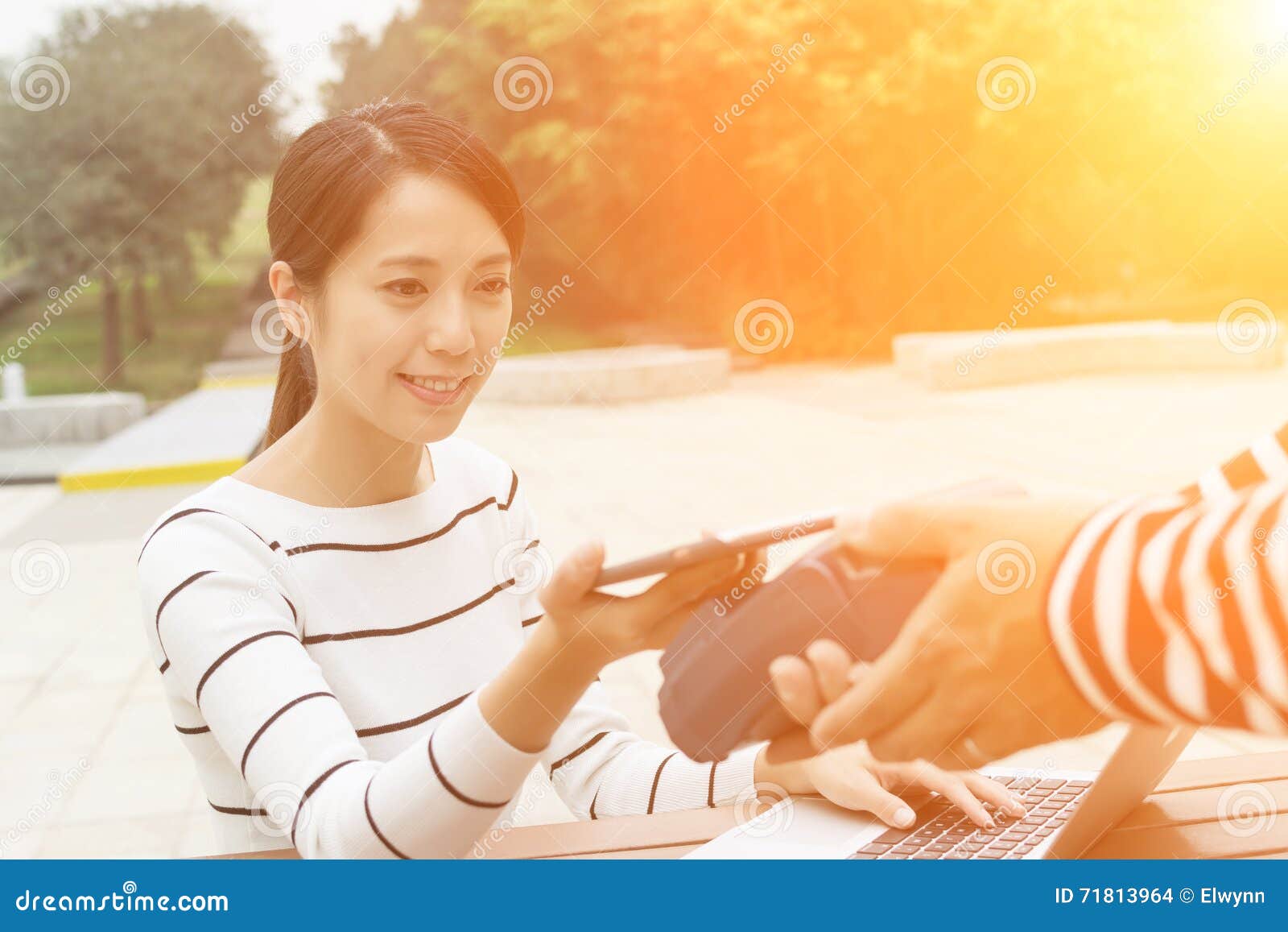 Woman pay on pos stock photo. Image of green, nature - 71813964