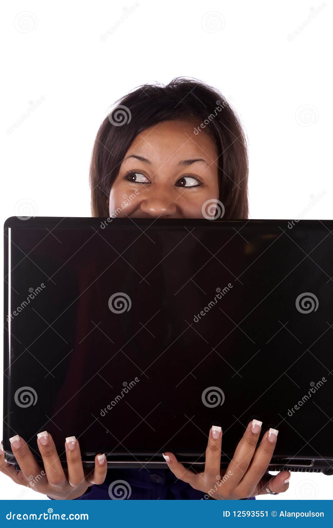 Woman peeking over laptop stock image. Image of sadness - 12593551