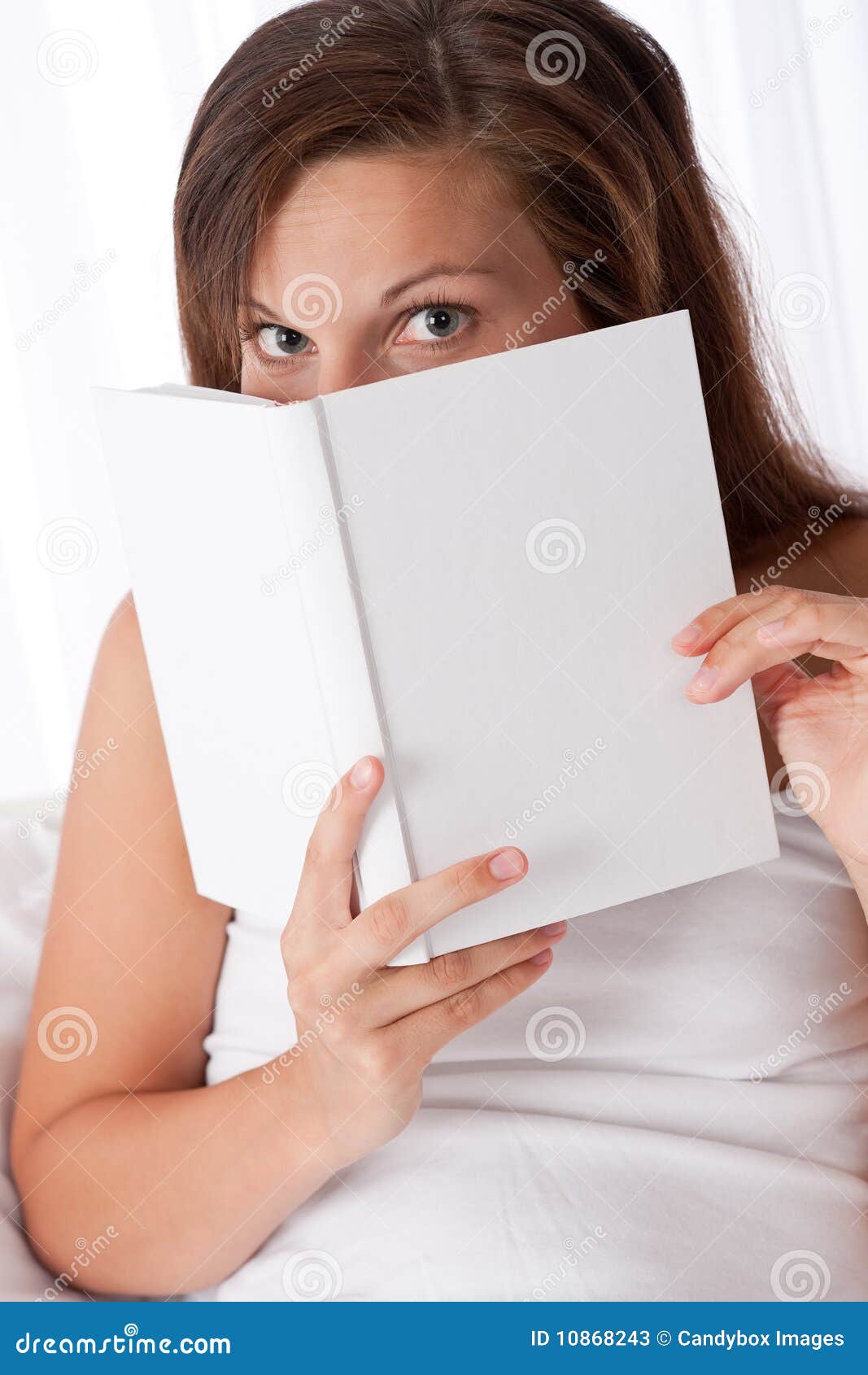 Woman Peeking Over White Book Stock Image - Image of adult, book: 10868243