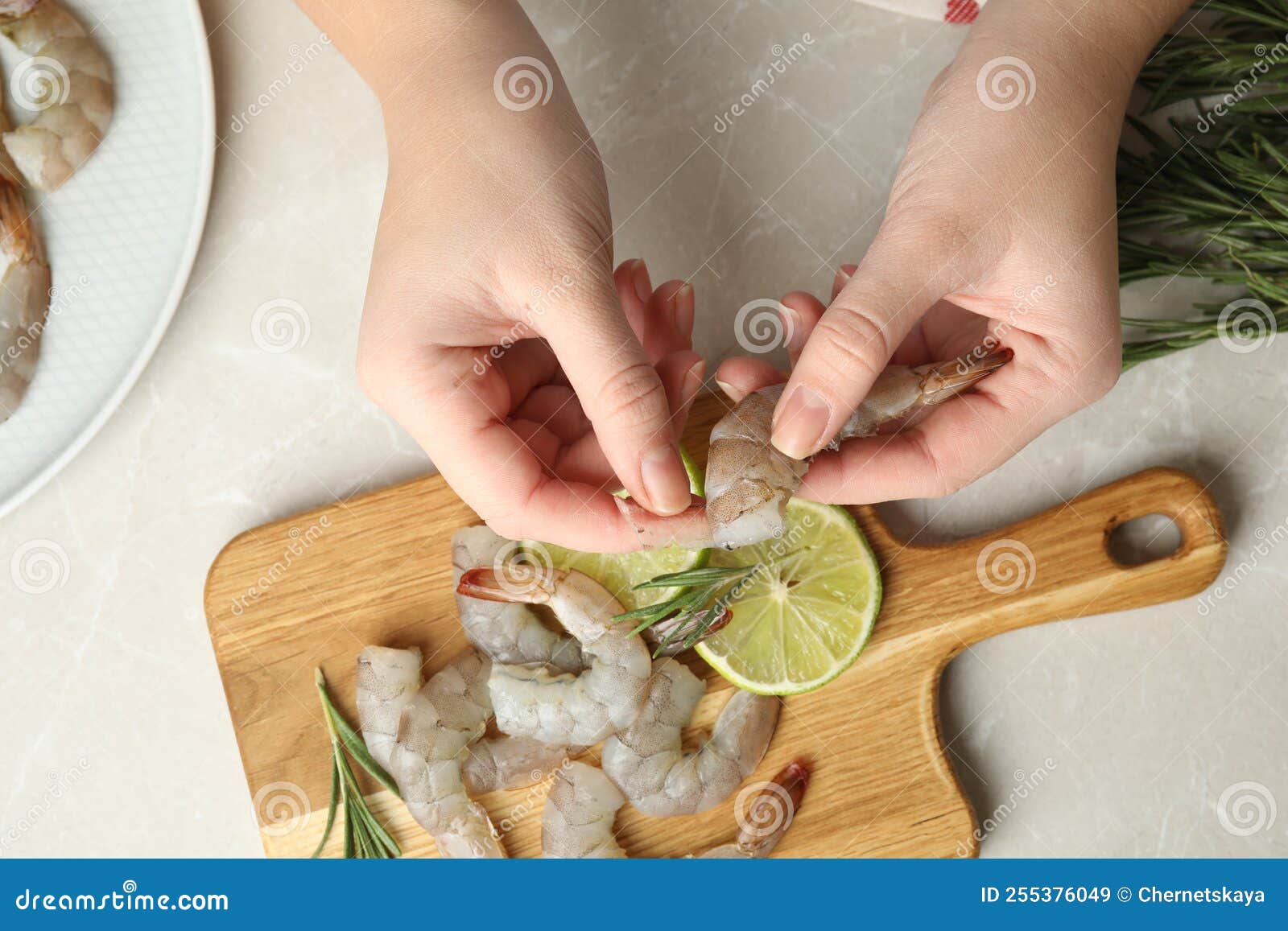 Woman Peeling Fresh Shrimp at Table, Top View Stock Image - Image of ...