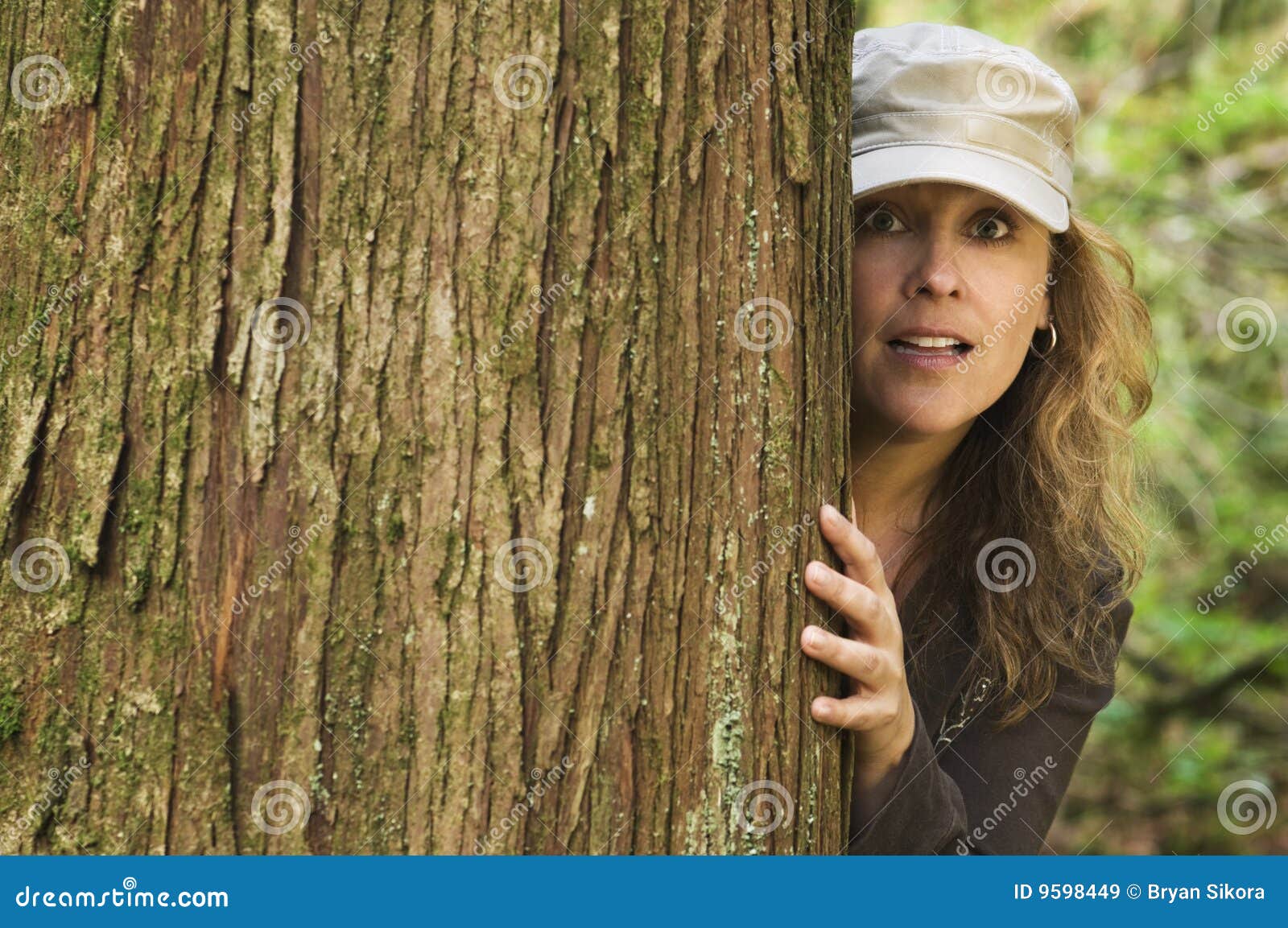 Woman peering around tree stock image. Image of bark, caucasian - 9598449
