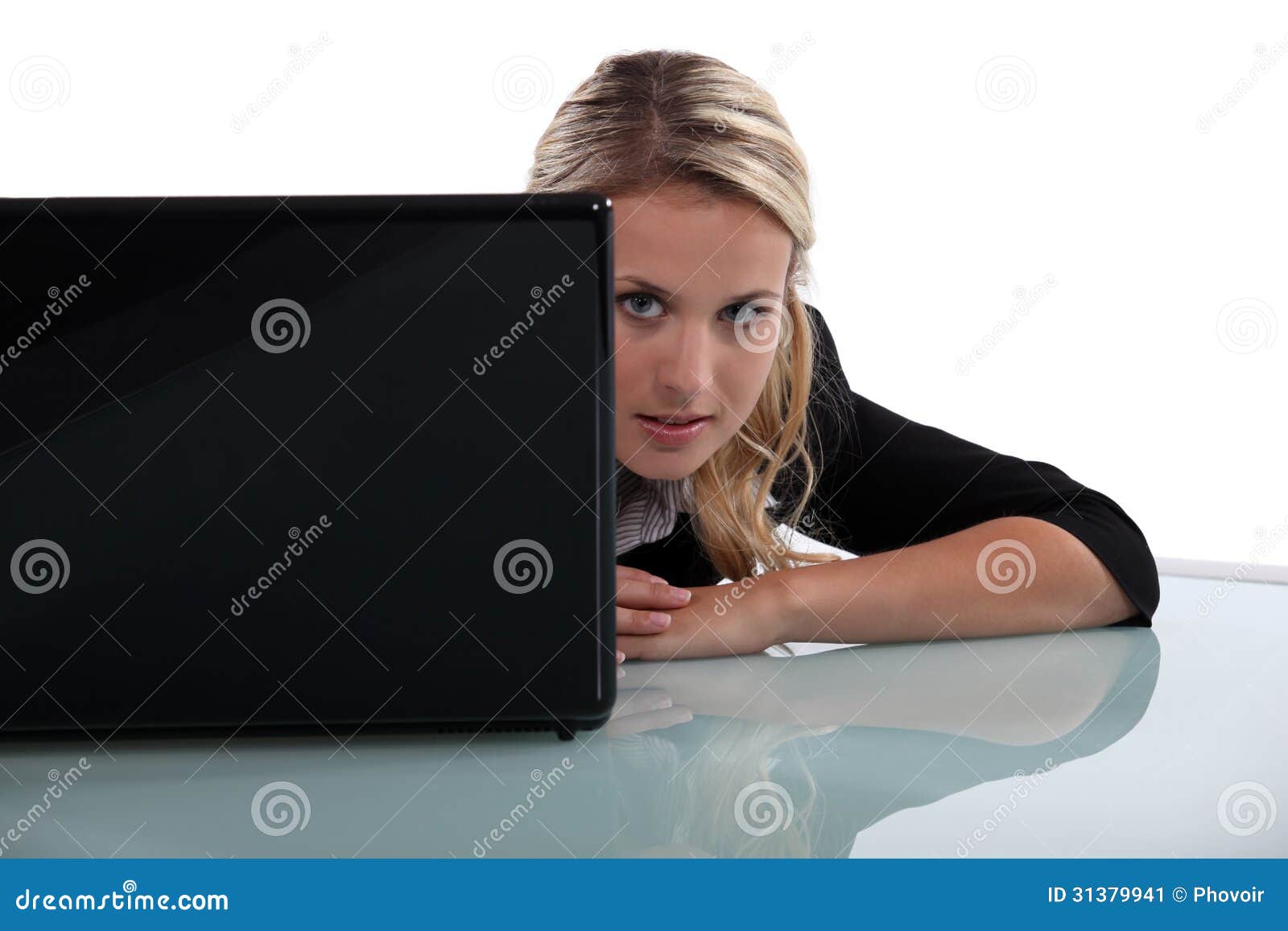 Woman Peering from Behind Laptop Stock Image - Image of laptop ...